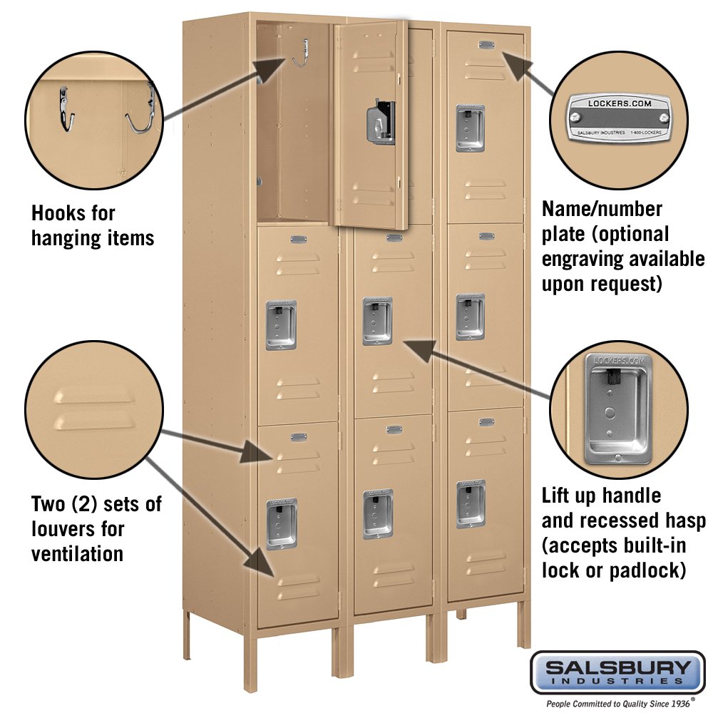 Salsbury Industries 53365TN-U Triple Tier 45-Inch Wide 6-Feet High 15-Inch Deep Unassembled Extra Wide Standard Metal Locker, Tan Brown