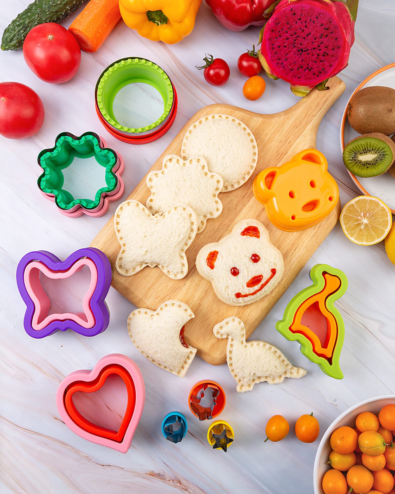 Sandwich Cutter for Kids 48 Pcs, Kimfead Cookie Cutters, Fruit Vegetable Cutter Shapes, Food Picks for Bento Box, Mouse Dinosaur Star Square Heart Shape