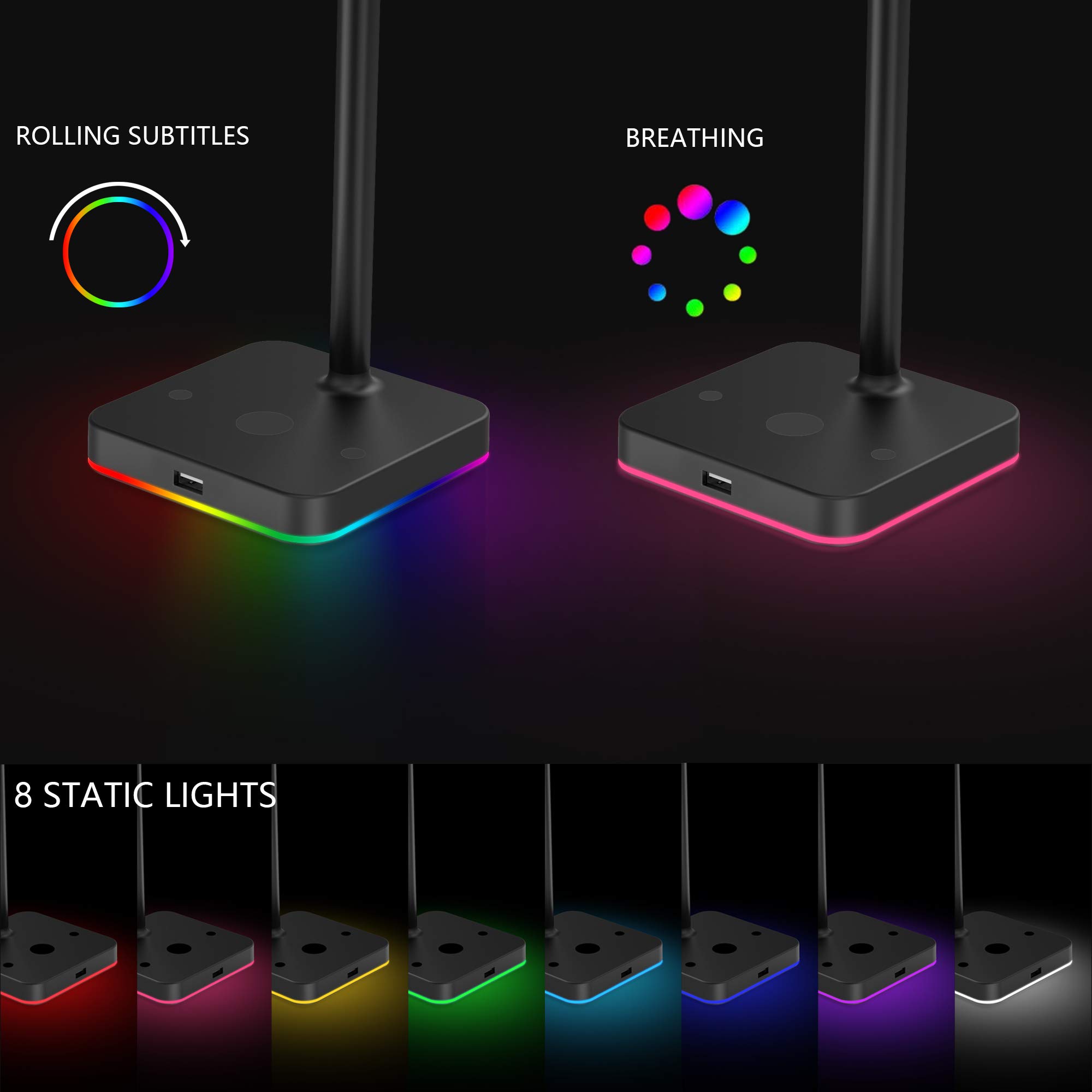 RGB Headphone Stand with USB Hub KAFRI Desk Gaming Headset Holder Hanger Rack with 1 USB2.0 Extension Charging Port Extender Cord - Suitable for Gamer Desktop Table Game Earphone Accessories (Renewed)