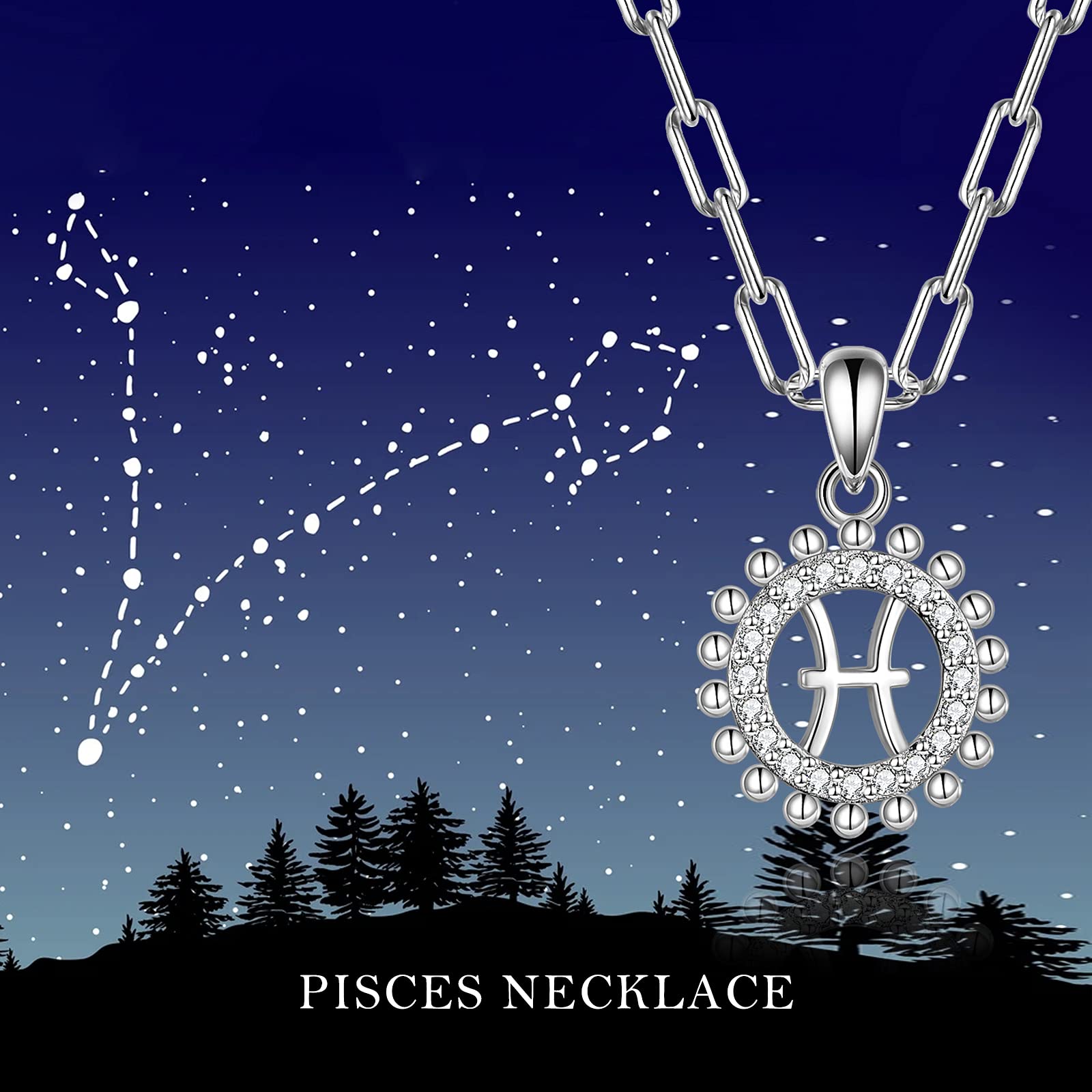 S925 Sterling Silver Zodiac Sign Necklace 12 Constellation Astrology Paperclip Chain Necklace for Women Pisces (2.19-3.20)