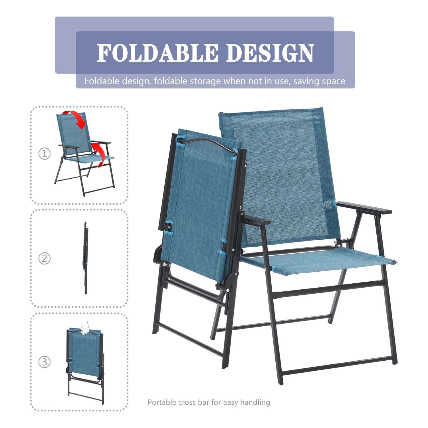 VICLLAX 3 Pieces Small Patio Dining Set, Patio Furniture with 2 Outdoor Foldable Chairs and Black Patio Dining Table, Dark Blue Chairs