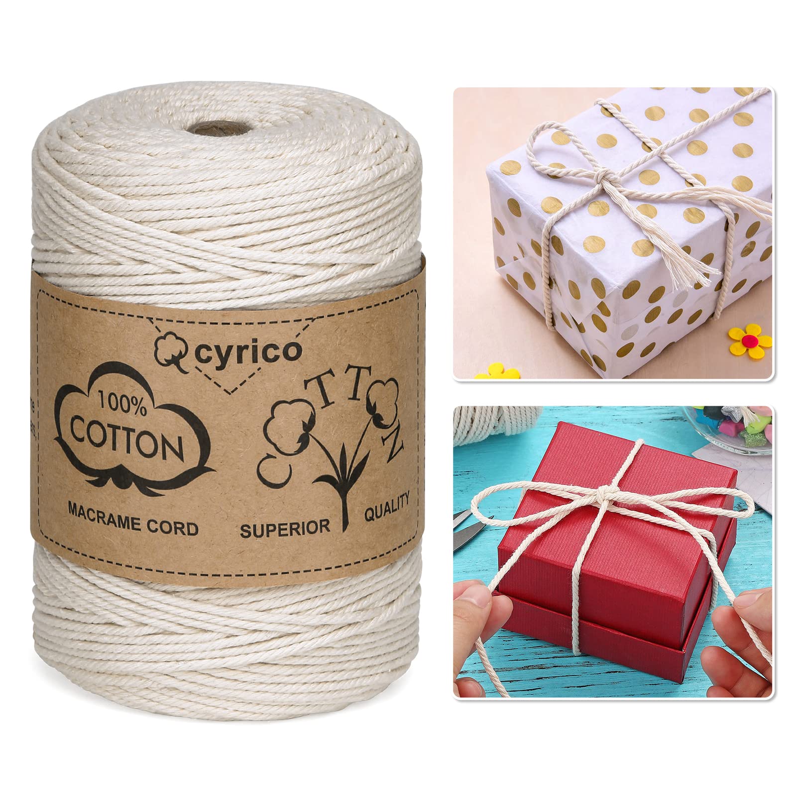 Macrame Cord 3mm x 300 Yards, 100% Natural Cotton Cord Macrame Rope - Twisted Macrame String Supplies for Wall Hanging Plant Hangers Gift Wrapping Wedding Decorations
