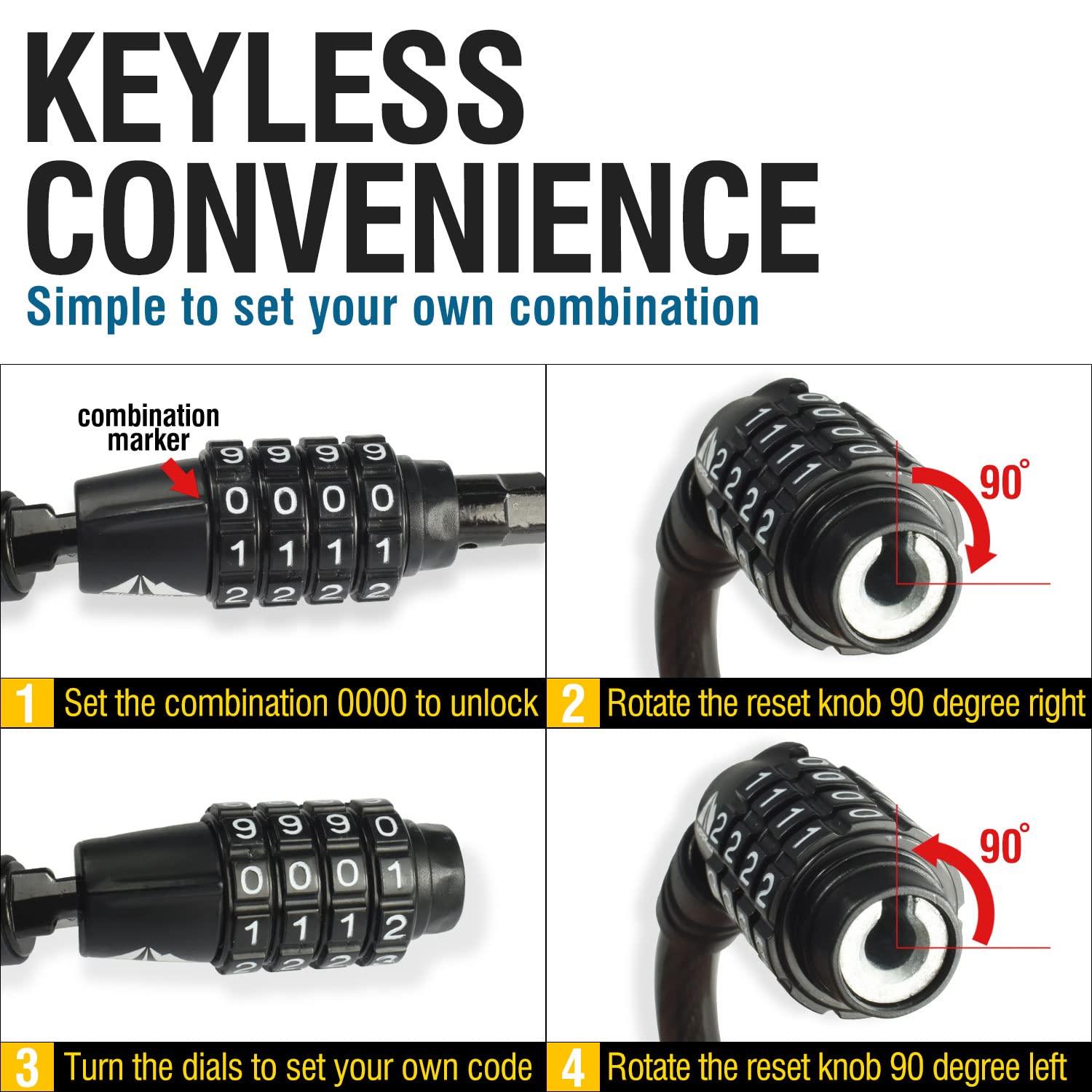 MARQUE Combination Bike Lock Cable- 3/8 inch (5FT, 10FT, 15FT, 25FT) Resettable Combination Lock, Anti-Theft Coiled Secutiry Cable for Bicycles, Kayaks, Paddle Boards, Gates&Outdoor Gear (10 FT)
