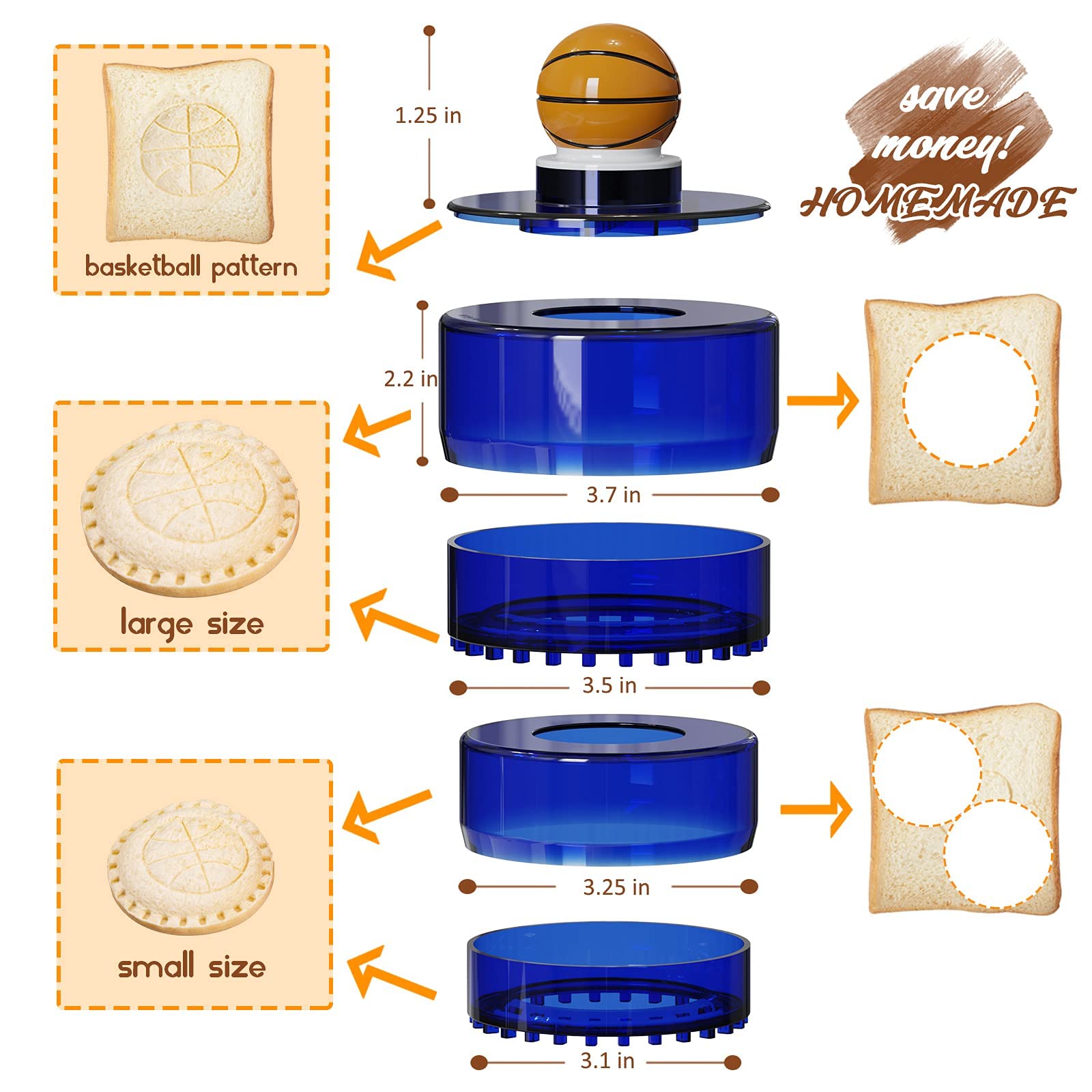Sandwich Cutter and Sealer 5 PCS - Uncrustables Maker Biscuit Cutter with Basketball Handle - Sandwich Cutter for Kids Boys Lunchbox and Bento Box(Blue)