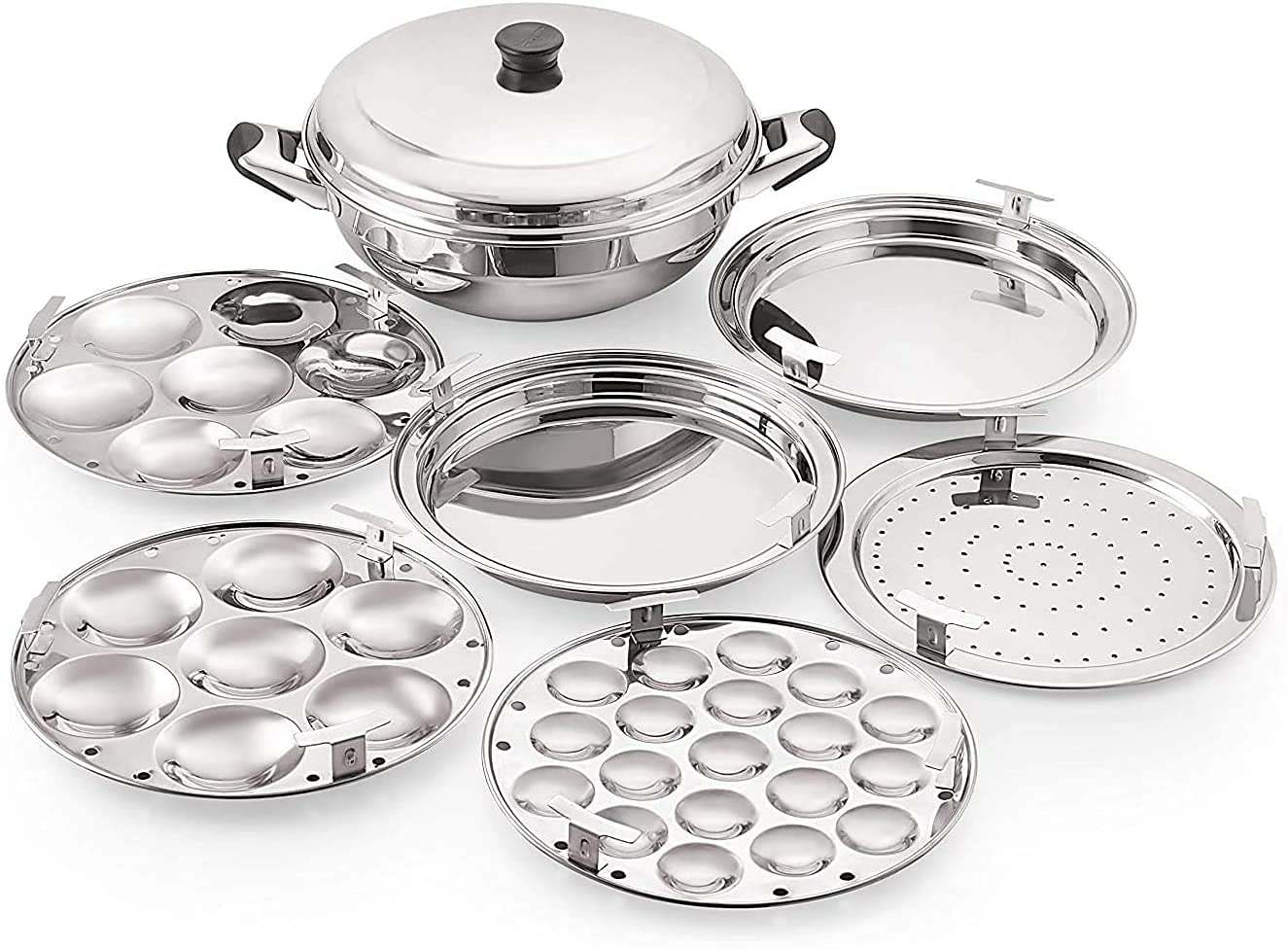 Tabakh Ckitze Stainless Steel Multi Kadai with Steamer Plate, Mini Idli Plate, 2 Idli Plates, 2 Dhokla Plates, Induction Friendly