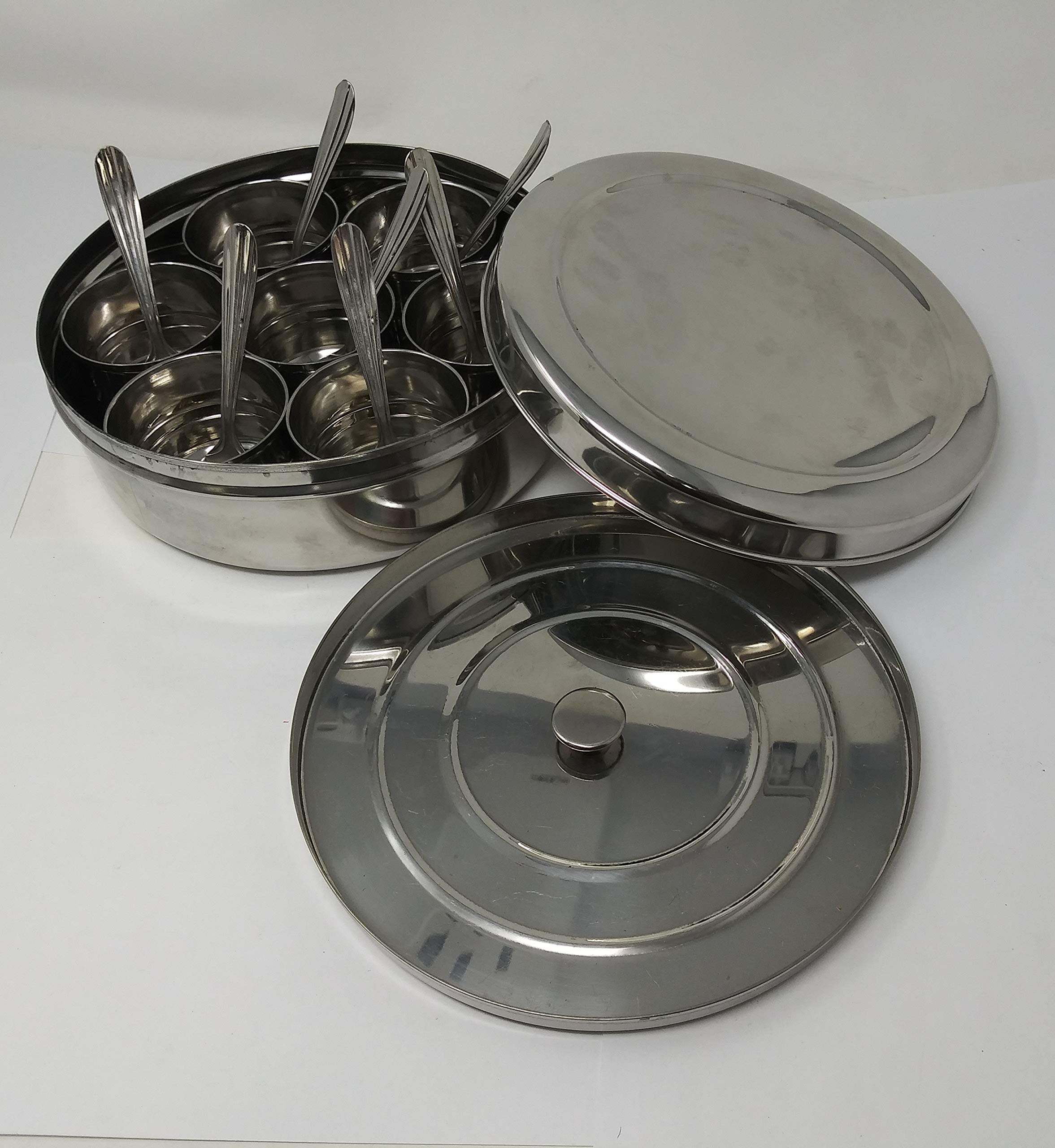 Tabakh Satinless Steel Sada Masala Dabba Spice Container Box - 7 Containers & 7 Spoons - 8-Inches