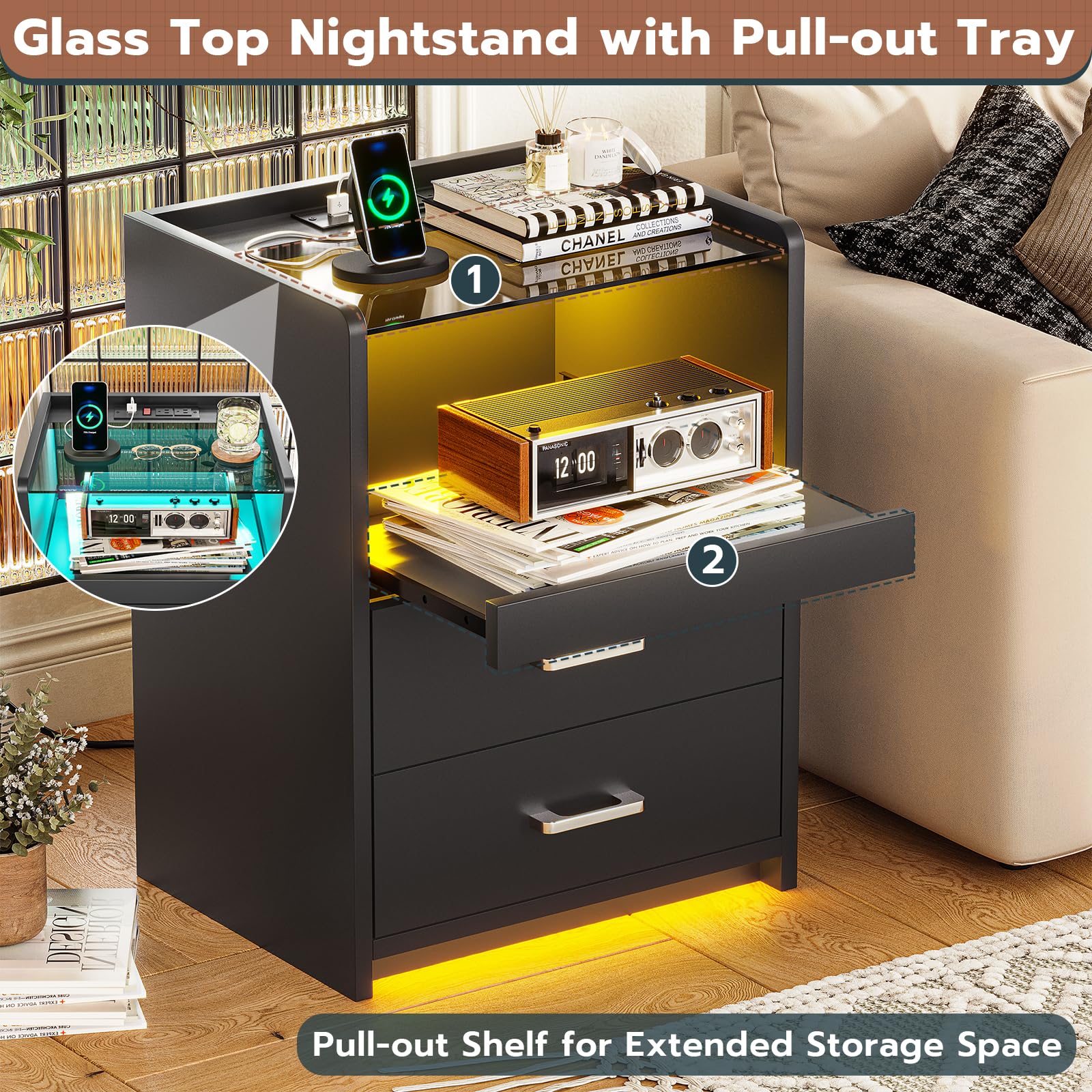 MSmask Black Nightstand with Charging Station and LED Lights, Glass Top Night Stand with Pull-Out Shelf, LED Nightstand with Sliding Drawers, Modern Bedside Tables with Open Storage for Bedroom, Dorm