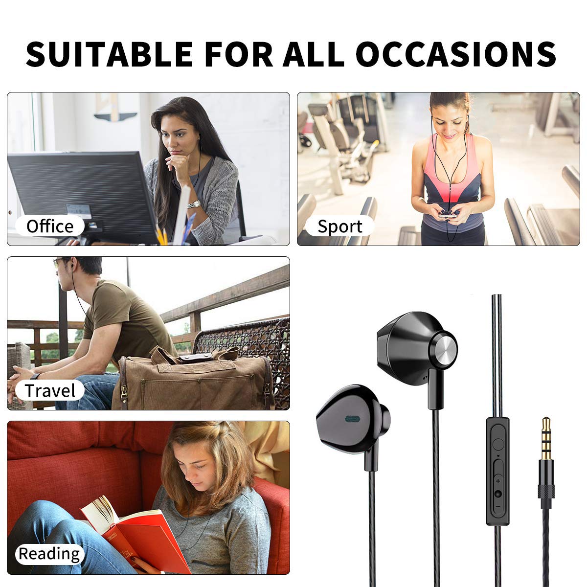 Noise Isolating in-Ear Wired Earphones Earbuds Headphones with Microphone Volume Control for 3.5mm Audio Jack Android Phones HP Dell Surface LG Toshiba laptops Tablet Chromebook (Black)