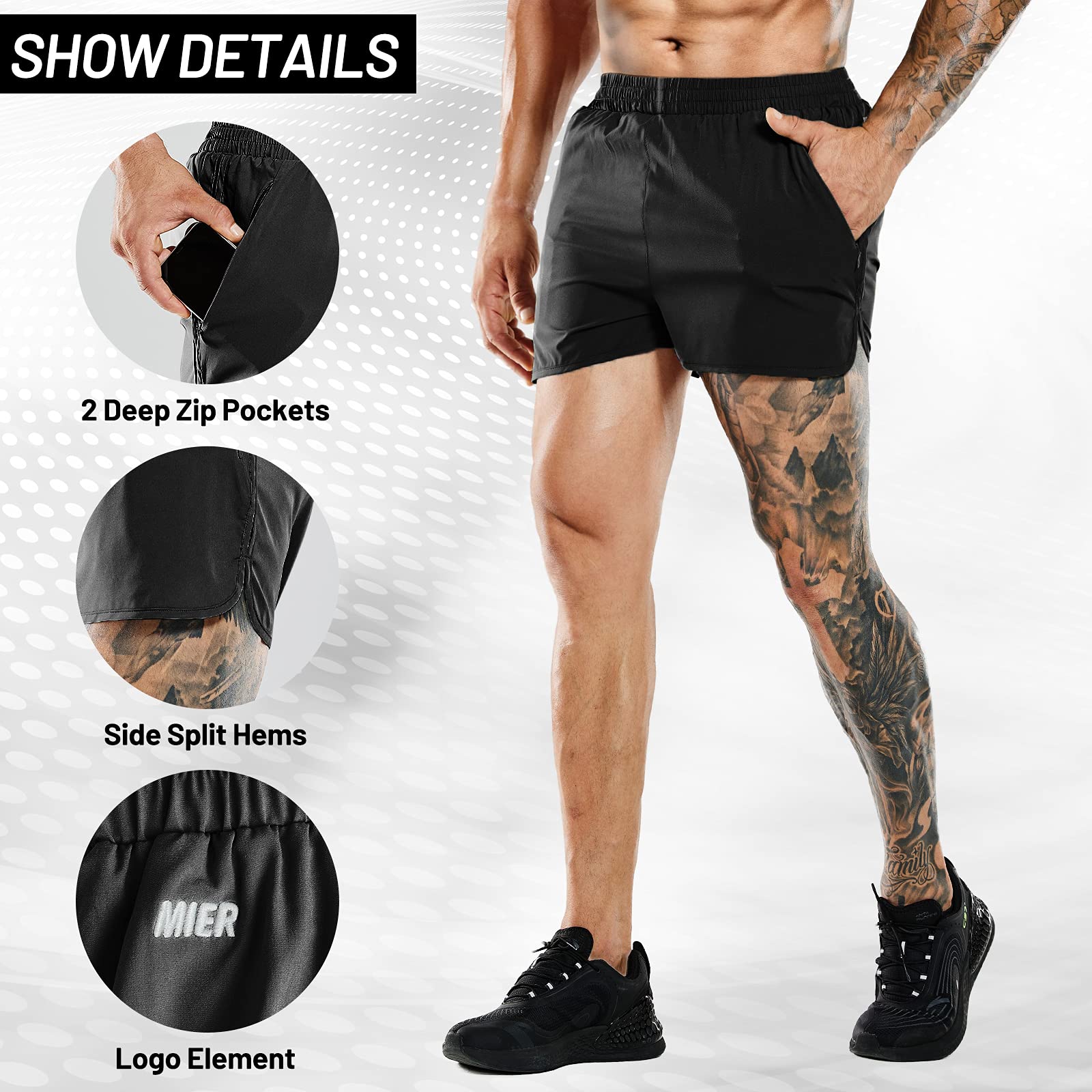 MIER Men's 3 Inches Quick Dry Running Shorts Water Resistant Lightweight Athletic Workout Training Activewear with Liner Zip Pockets Black M