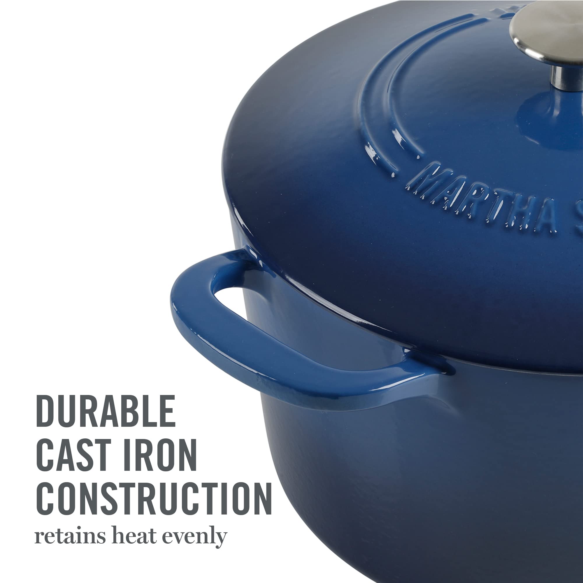 MARTHA STEWART Gatwick 7 QT Enamel Cast Iron Dutch Oven, Classic Blue