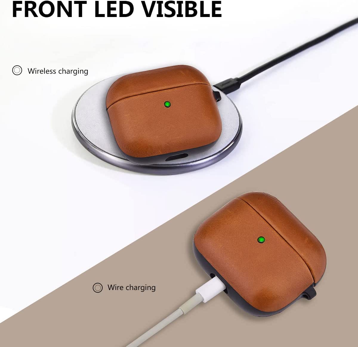 V-MORO Leather Case Compatible with Airpods 3rd Generation [Front LED Visible] Case for Airpods 3 Leather Protective Cover Skin with Keychain for Men and Women - Light Brown