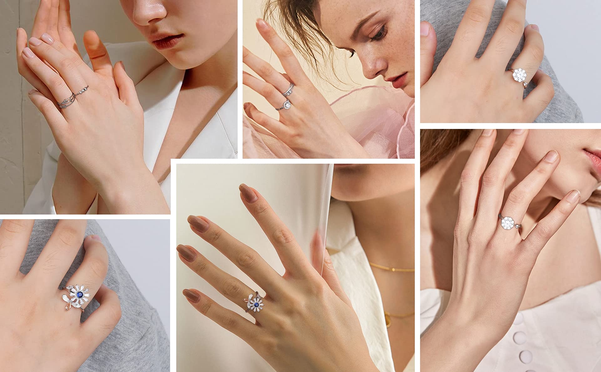 SAILIMUE 8Pcs Fidget Anxiety Rings for Women Fidget Rings for Anxiety Adjustable Open Fidget Ring Set with Box Cubic Zirconia Flower Beads Rotatable Worry Ring Anxiety Stress Relief Ring