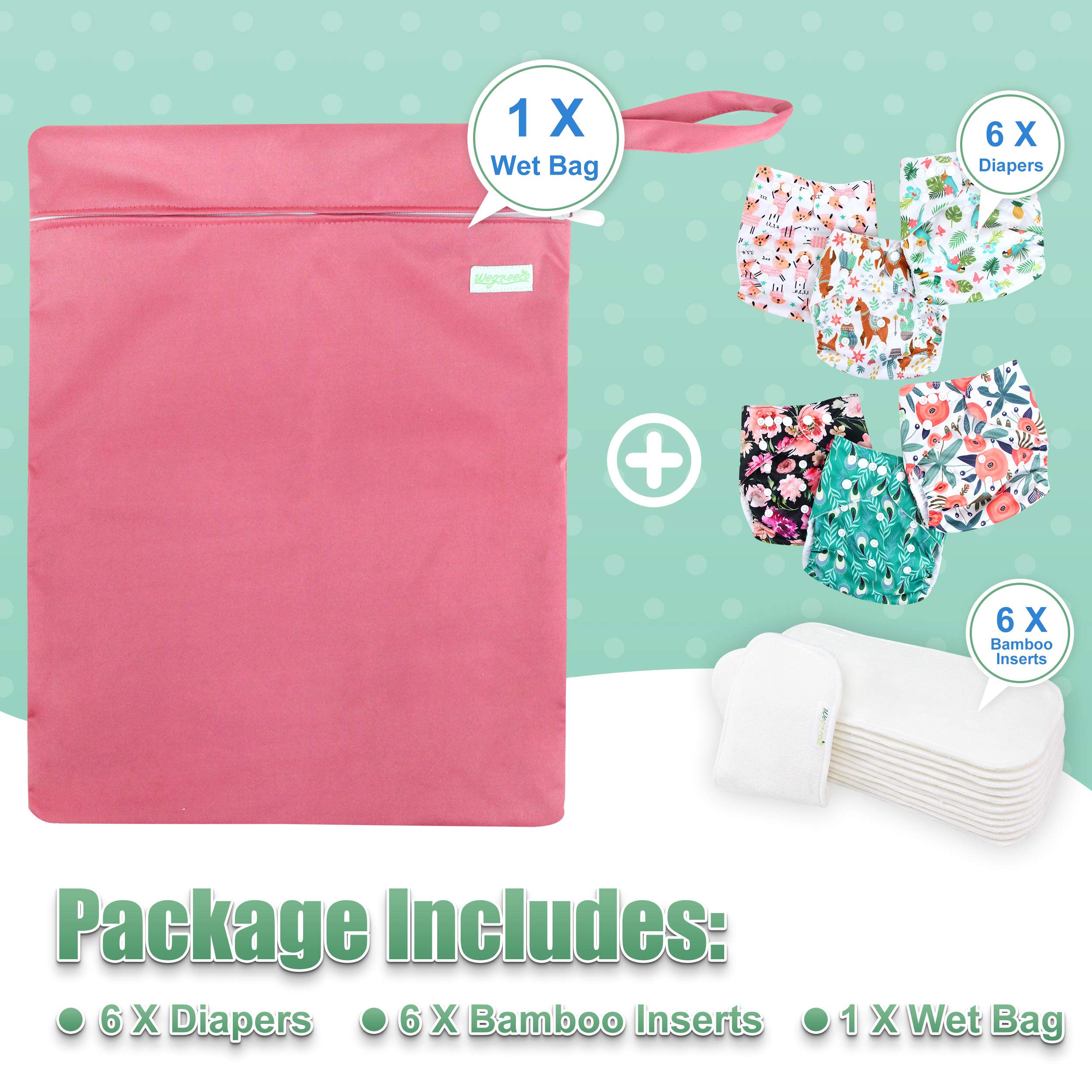 wegreeco Washable Reusable Baby Cloth Pocket Diapers Cool Animal Bundle with Diaper Liners and Cloth Diaper Bags
