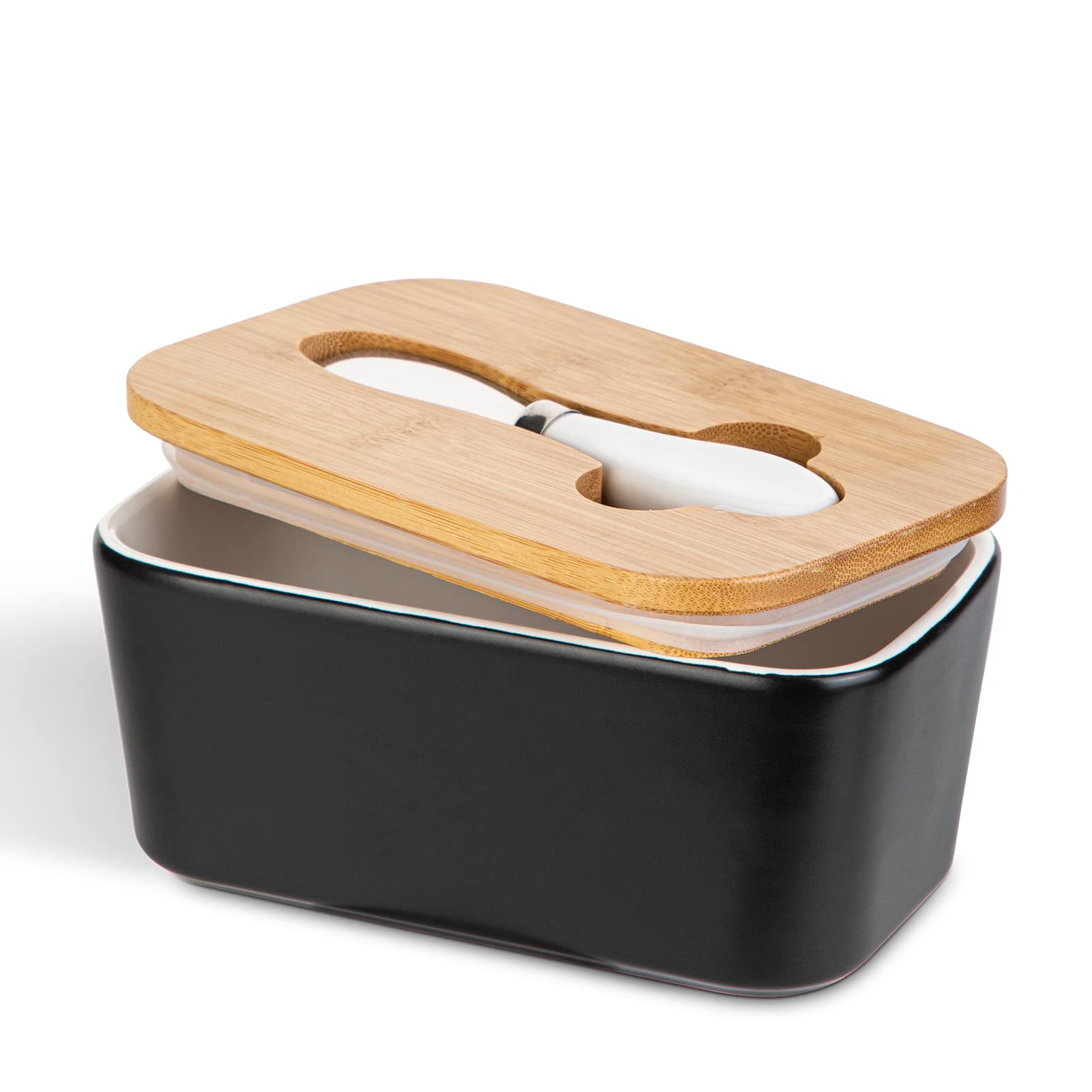 Porcelain Butter Dish with Knife & Wooden Lid, Henten Home Airtight Butter Keeper for Countertop, Large Butter Holder for East West Coast Butter(Matte Black)
