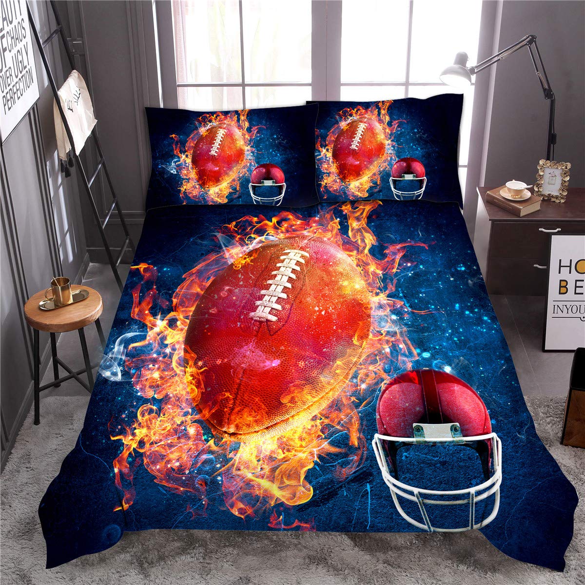 NTBED American Football Comforter Sets Queen Size for Boys Teens, 3-Pieces Sports Bedding Comforter Rugby Quilt Set (Blue, Queen)
