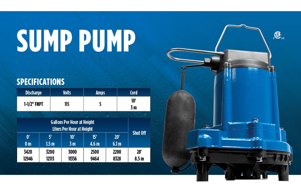 Little Giant LG-SC75SA 115 Volt, 3/4 HP, 5200 GPH Cast Iron Sump Pump with Snap Action Switch, Blue, 14942678