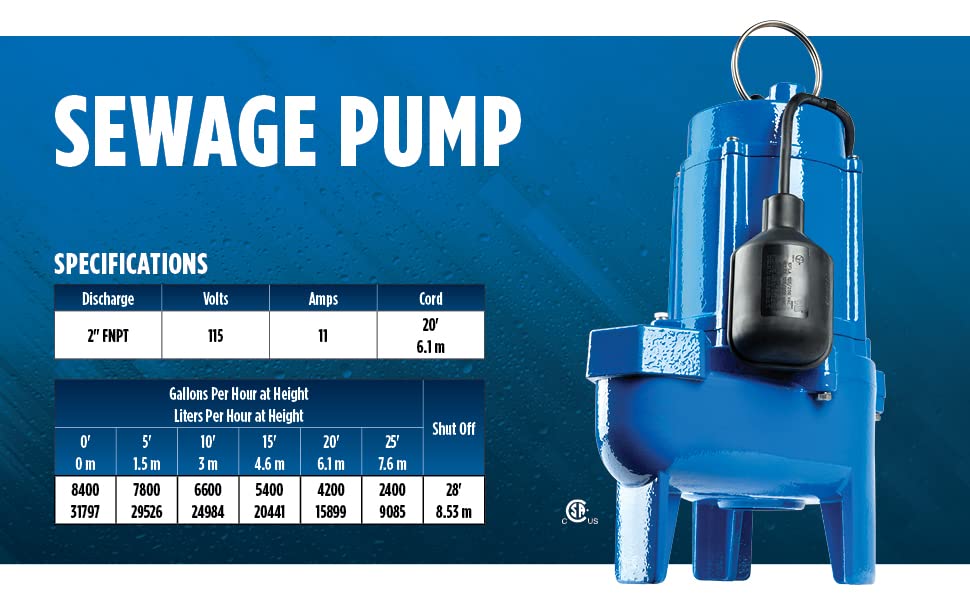 Little Giant LG-SEW75T 115 Volt, 3/4 HP, 8400 GPH Cast Iron Sewage Pump with Tethered Switch and 20-Ft. Cord, Blue, 14942662