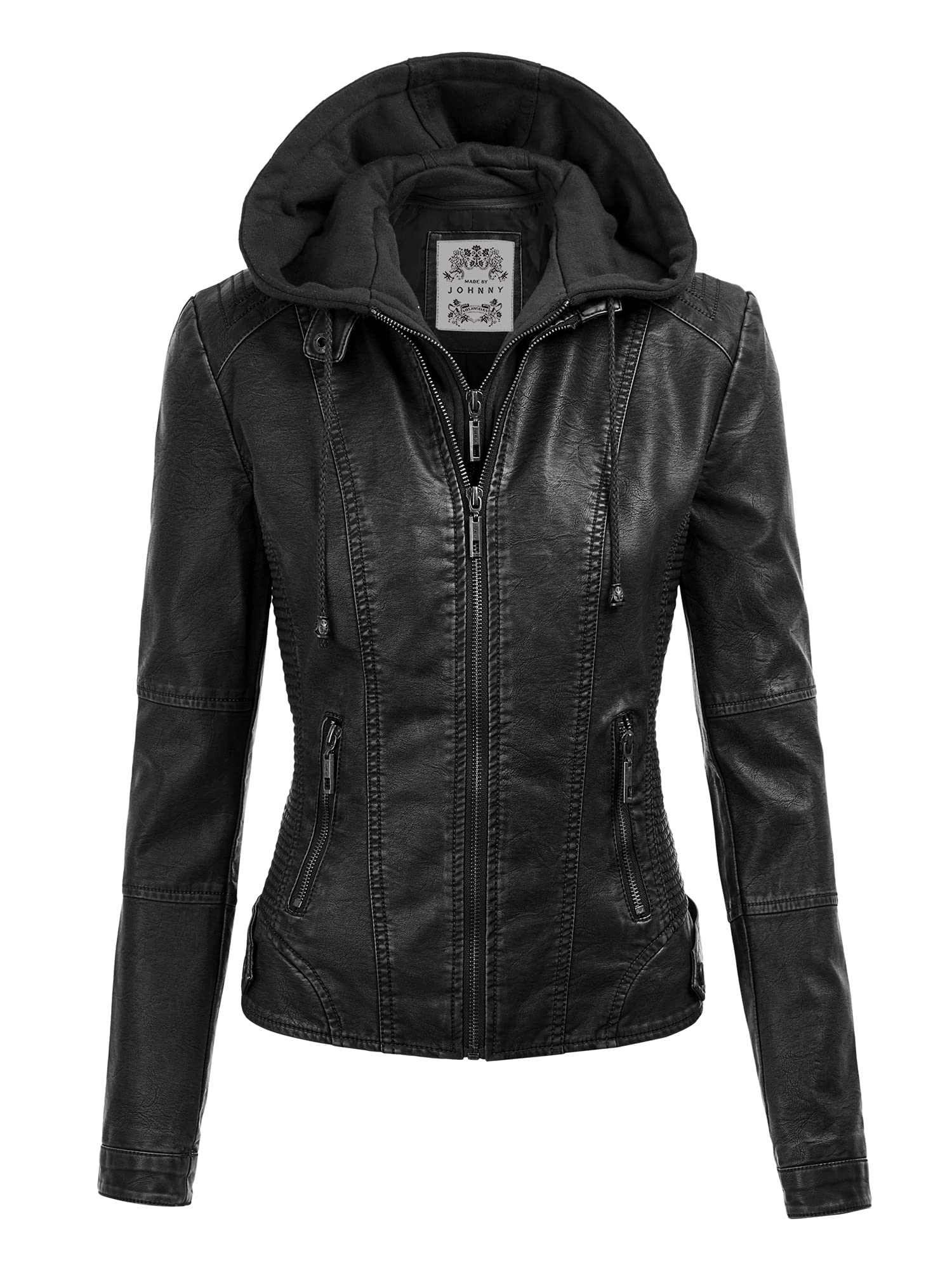 Made By Johnny MBJ WJC1044 Womens Faux Leather Quilted Motorcycle Jacket with Hoodie L BLACK