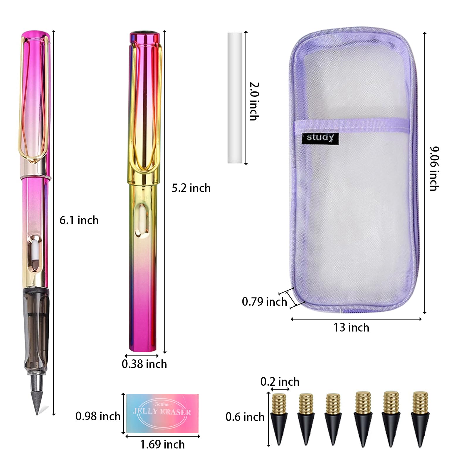 Mechanical Pencils Inkless Pencils Eternal Set - 6 Everlasting Pencil,6 Replaceable Nibs,3 Erasers,1 Pencil Case,Pencil Never Sharpen,Infinity Pencils,Forever Pencil for Kids Student Writing Drawing