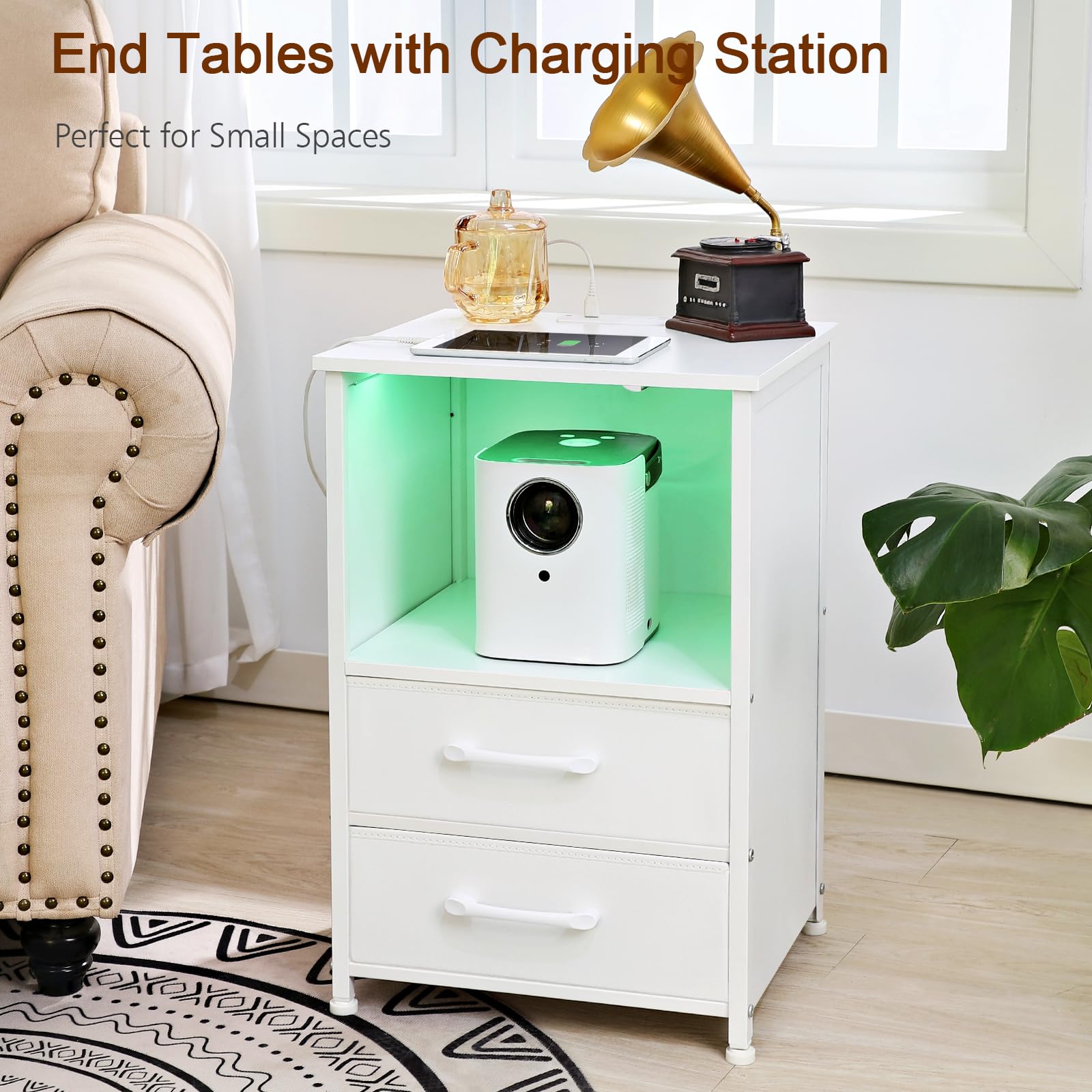 LOAKEKEL White Night Stand Set 2, LED Nightstand with Charging Station, End Tables with 3 Fabric Drawers, Bedside Table with USB Type C Port and Outlets for Bedroom, HNS033WT