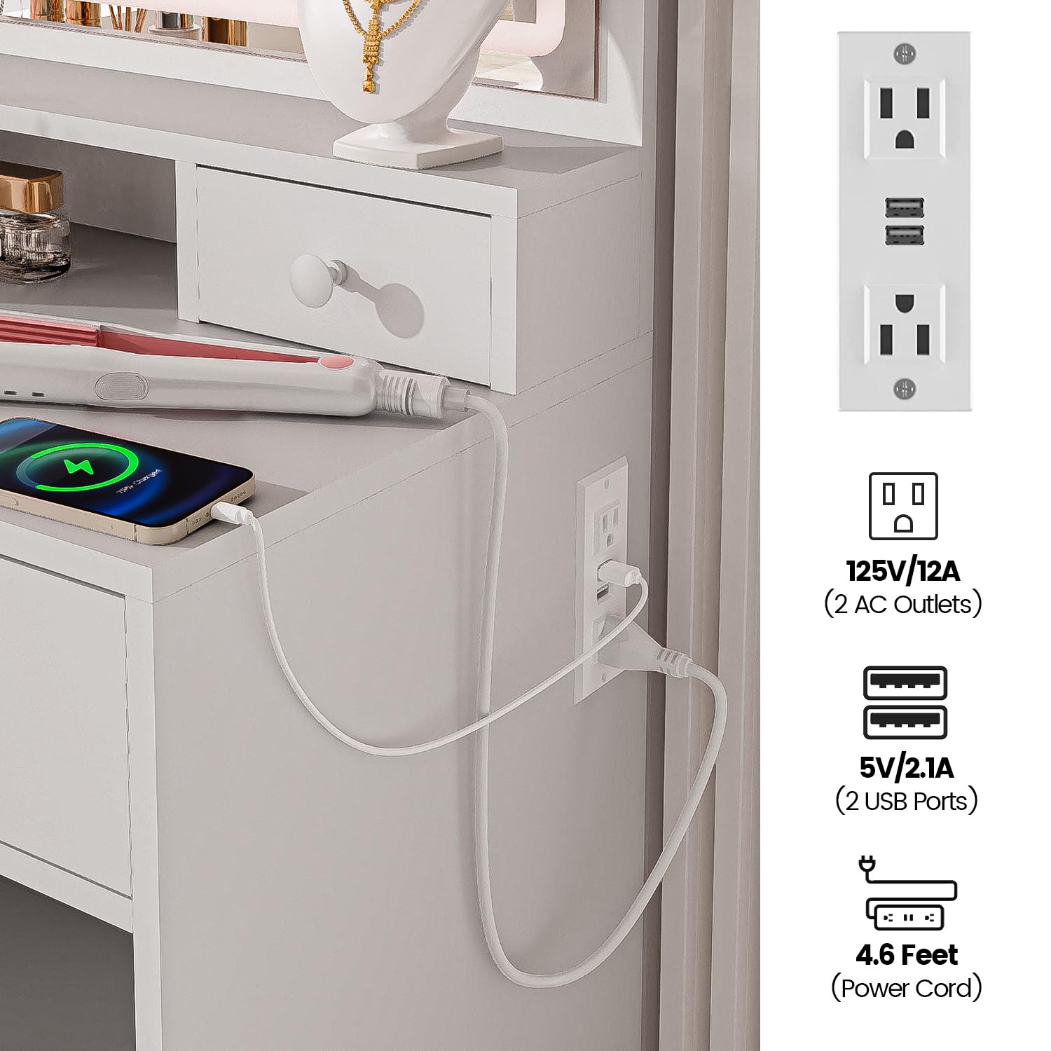 LECEVOCY Vanity Desk Set with LED Lighted Mirror & Power Outlet, Dressing Makeup Table Set with Storage Stool, 4 White Drawer for Bedroom, Bathroom