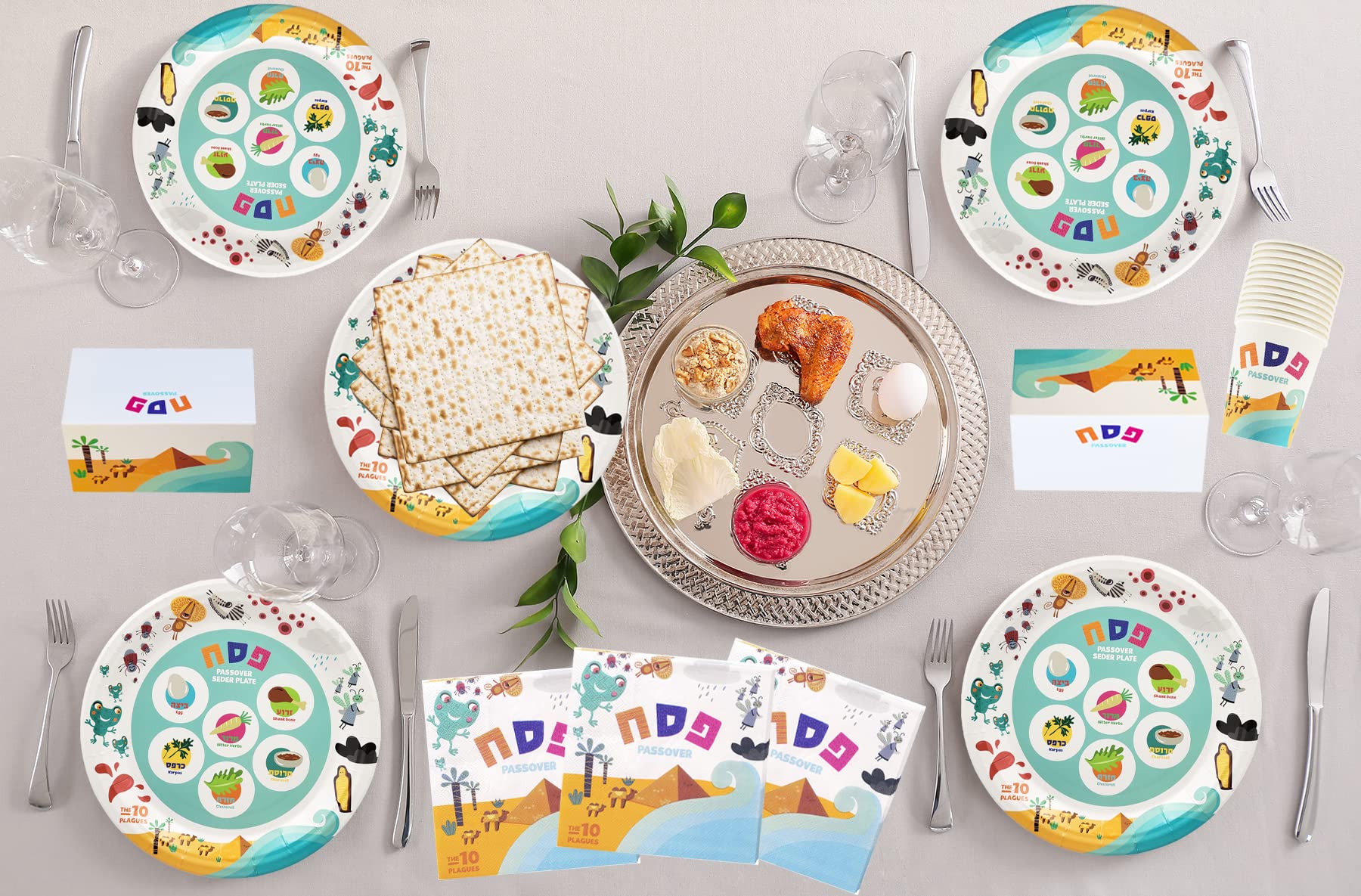Passover Disposable Seder Plate Set - Ten Plagues Design - 9" and 7" Plates, Cups, Napkins, and Place Cards, 120 Piece Set, Serves 24 People