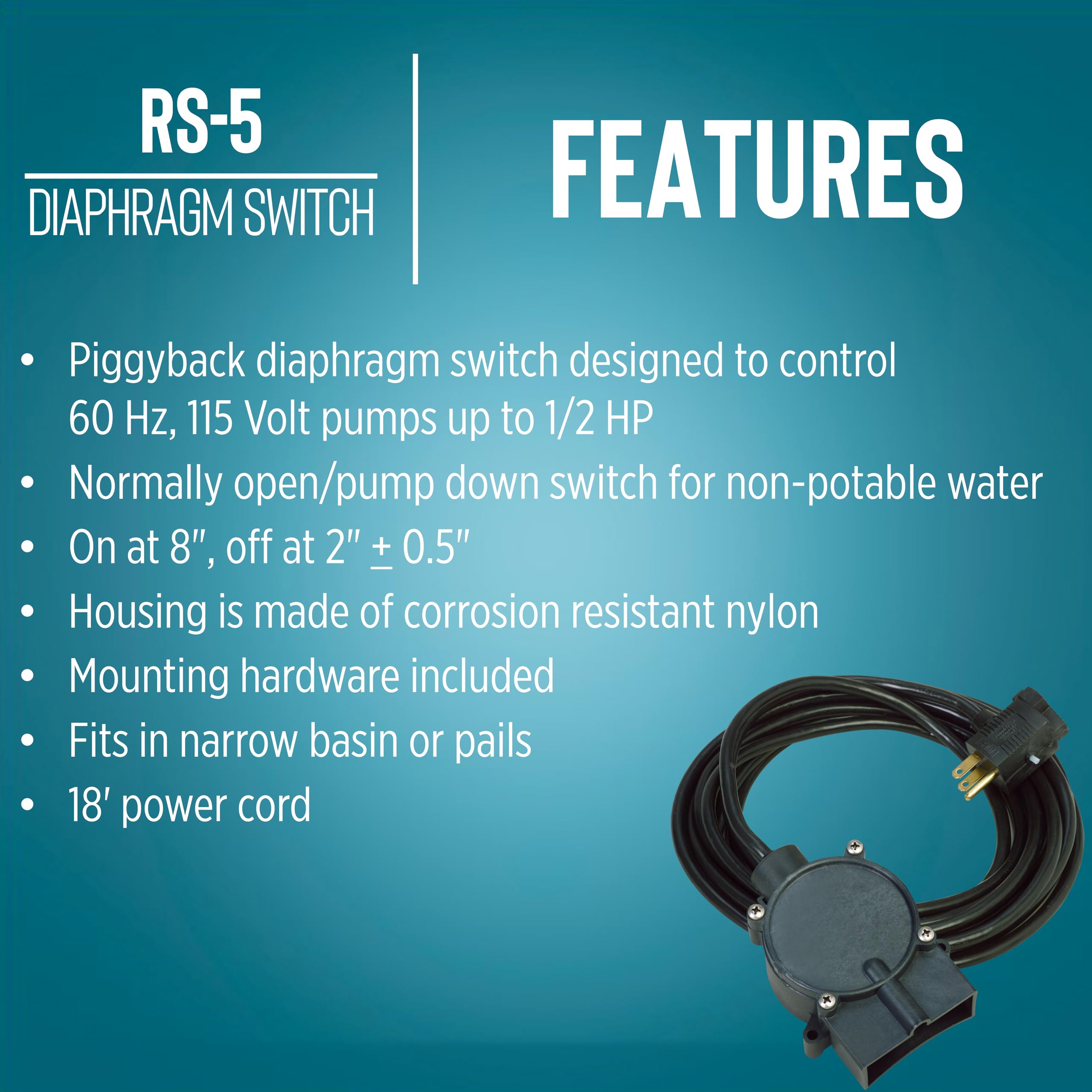Little Giant RS-5 115-Volt Piggyback Diaphragm Pump-down Switch for Sump, Utility, Flood, Pond/Skimmer or Hydroponic Pumps, 18-Ft. Cord, Black, 599009