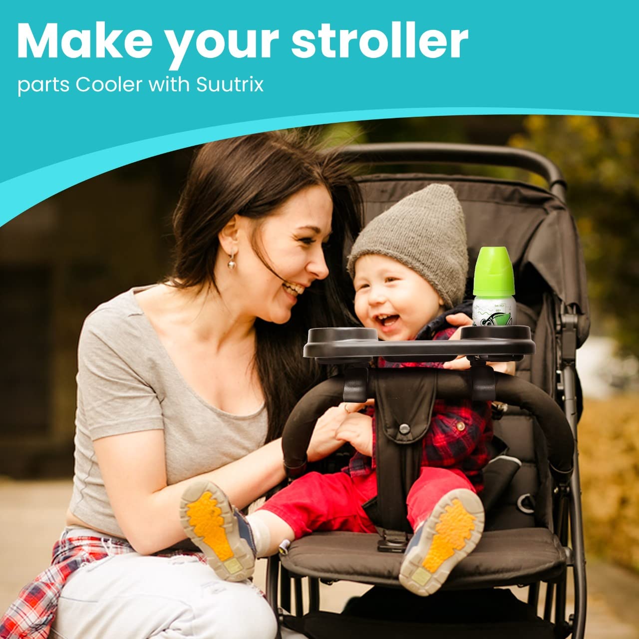 Universal Stroller Snack Tray - with Cup Holders - Upgraded Stroller Bar Attachment; Dual Non-Slip Grip Clip, Gray/Black (Black) ST-19