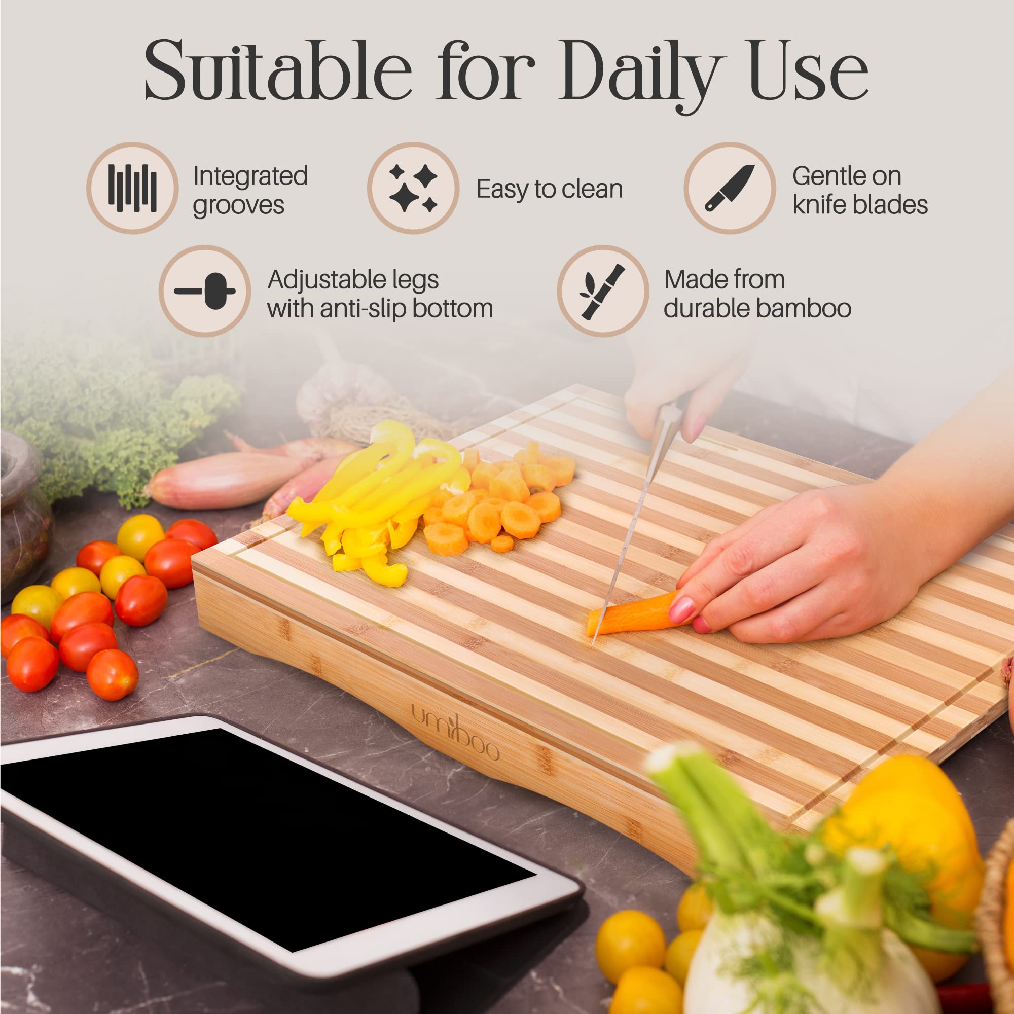Umiboo Bamboo Wooden Gas Stove Top Covers and Cutting Board - Adjustable Legs for RV or Small Kitchen
