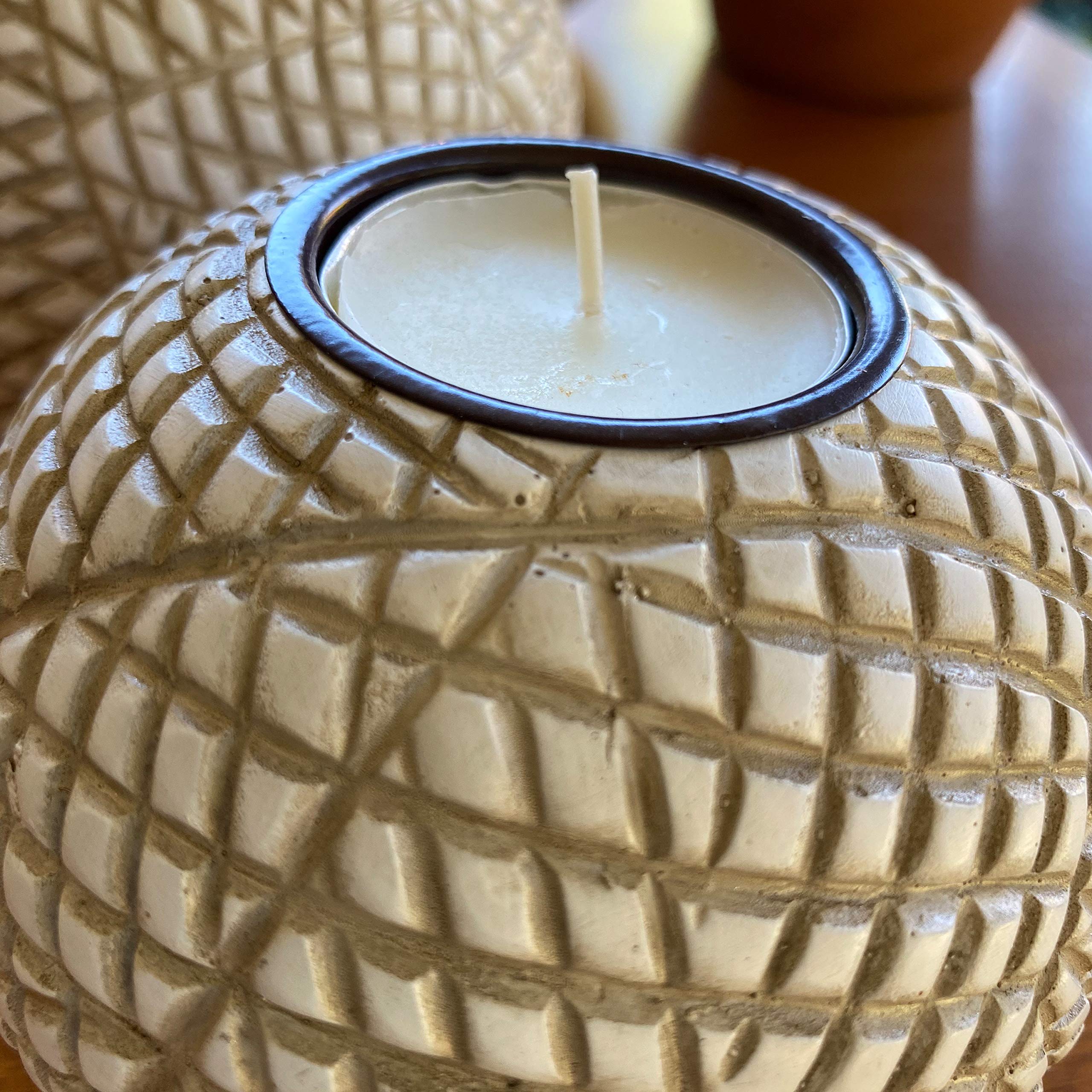 Luca Orb Candle Holders (Gift Boxed Set of 2), Table Centerpieces for Dining or Living Room, Spa, Bathroom, Kitchen Counter, Mantle or Coffee Table Decor (Grid Pattern, Beige and White)