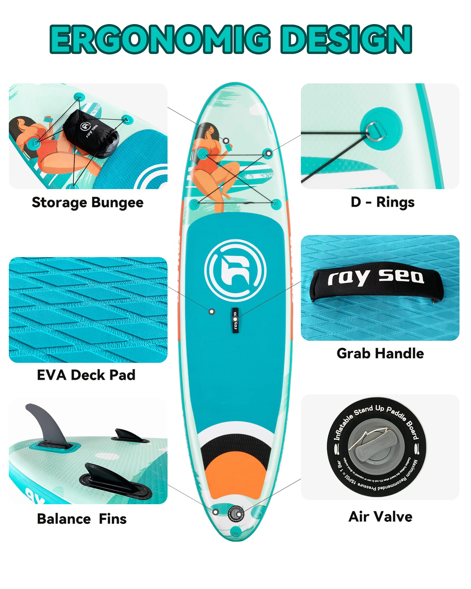 RAYSEA Inflatable Paddle Boards, 10'6'' Stand Up Ultra-Light SUP for All Skill Levels, w/Accessories Backpack, Anti-Slip Deck, Leash, Adjustable Paddle and Hand Pump, Waterproof Bag