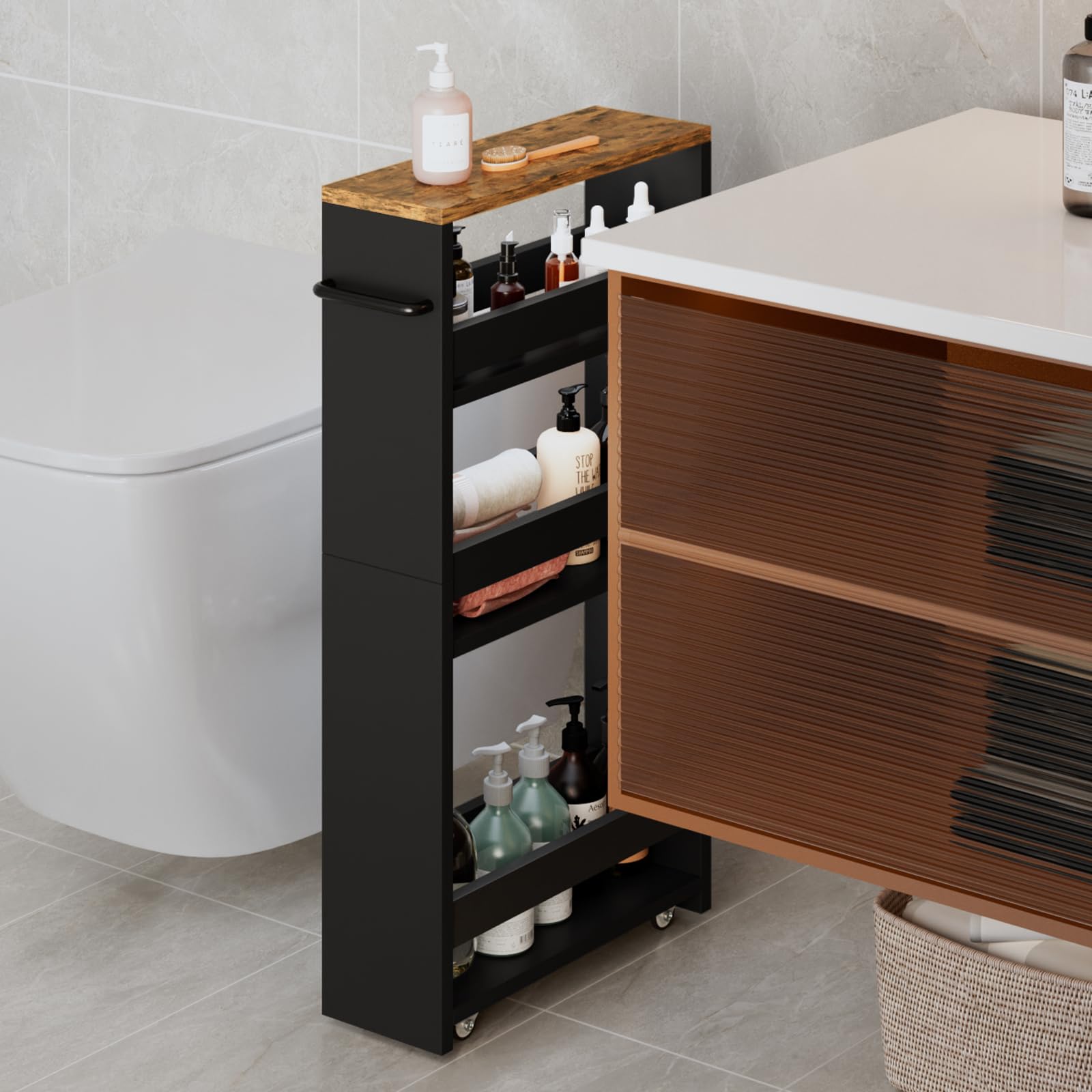 MARTY Rolling Storage Cart 4-Tier Black Kitchen Cart on Wheels, Slim Storage Cart with Handle Slide Out Utility Cart Shelving Unit Organizer Trolley for Laundry Narrow Places Bathroom Small Corner