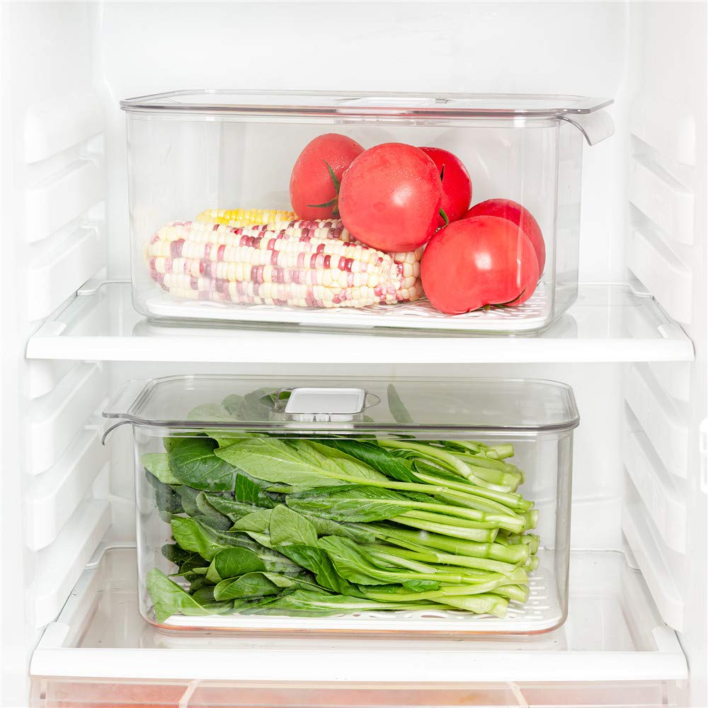 SANNO Produce Saver Refrigerator Organizer Bins with Lids And Removable Drain Tray Food Storage Container Fridge Stackable Freezer Bins For Kitchen Produce Fruit Vegetable (Set of 2)