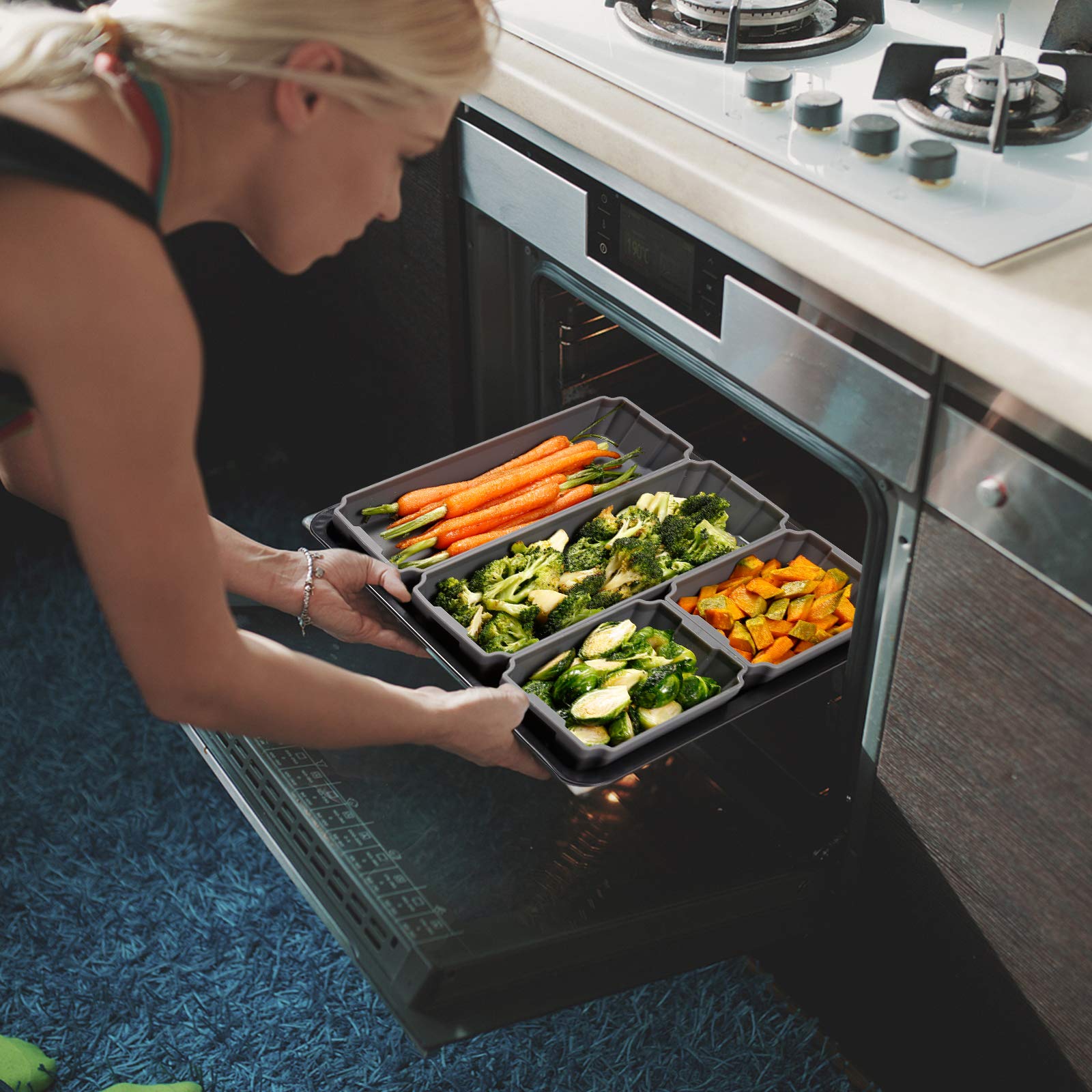 Silicone Sheet Pan Dividers for Cooking, No Stick Easy to Clean Silicone Baking Trays Pans for Oven Air Fryer with a Sheet Pan (4 Dividers, 1 Pan)