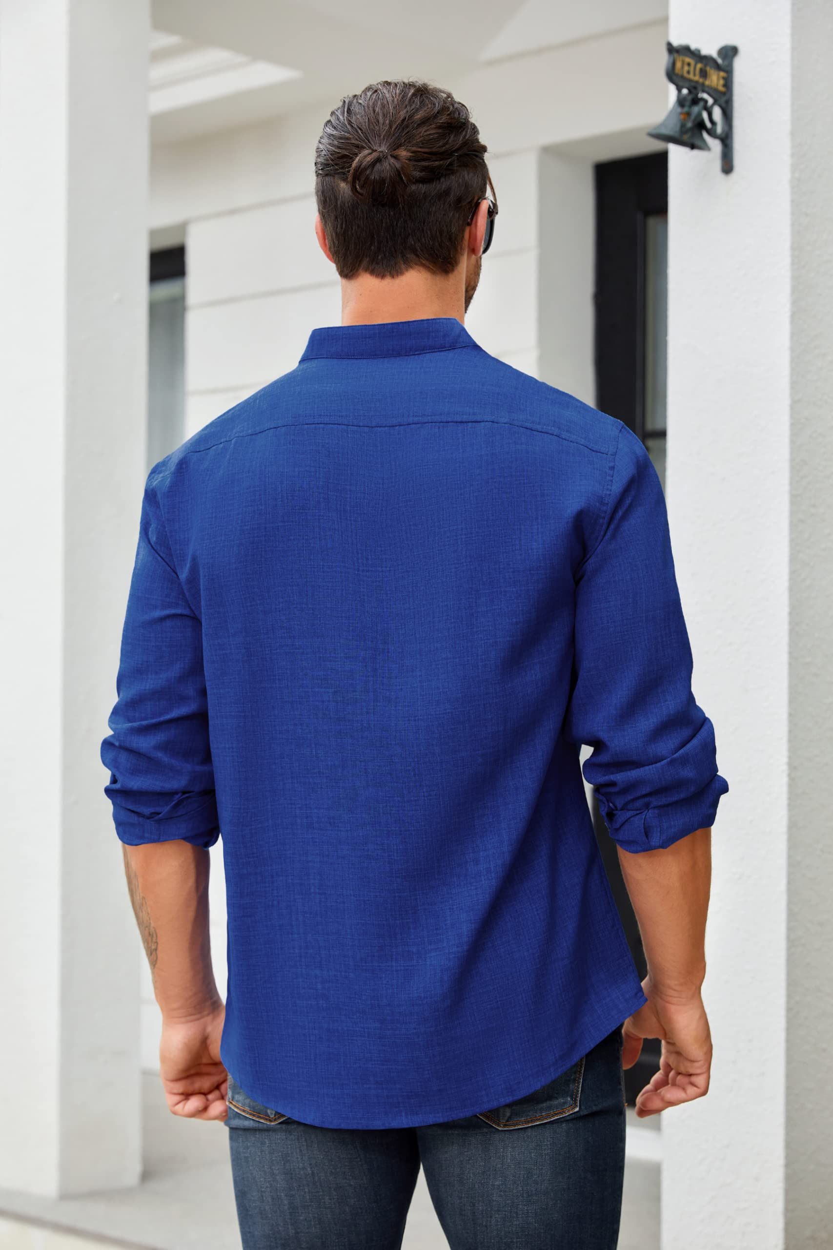 Mens Casual Button Down Shirt Band Collar Long Sleeve Dress Shirts Summer Beach Tops Black