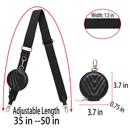 Thick Replacement Purse Strap with Round Quilted Coin Pures Pouch for Crossbody Bag Shoulder Handbags (Black)