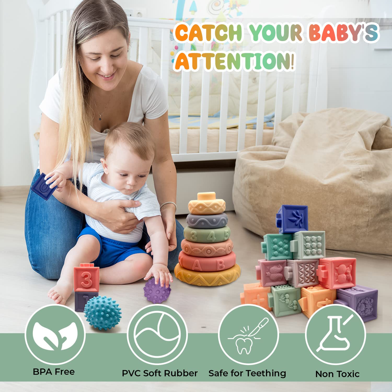 w Gemenis Baby Stacking and Nesting Toy Set β Soft Stack Rings, Educational Building Blocks, and Sensory Balls Squeeze and Learning Toys for Teething β Gift Ideas for Kids