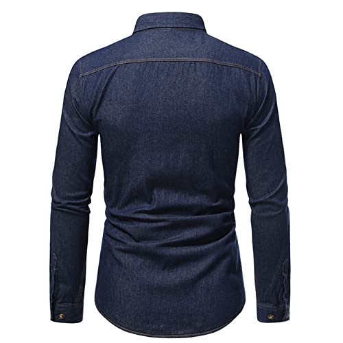 Mens Denim Shirts Vintage Long Sleeve Soft Cotton Pocket Button Up Jeans Shirt Streetwear C214-Light Blue 3XL