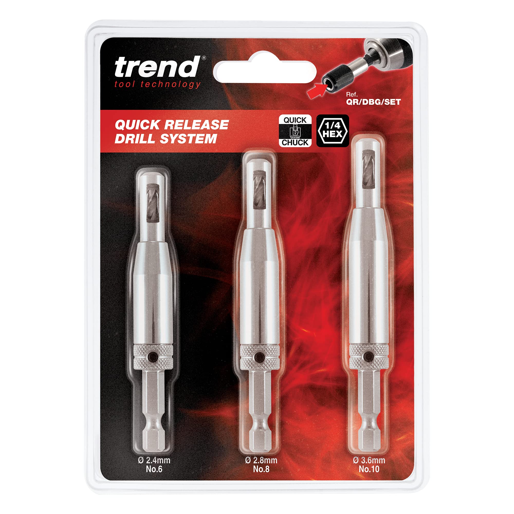Trend Tool Technology USA Trend 3-Piece Quick Release Drill Bit Guide Set, 1/4 Inch Hex Shank, HSS Drill Bits, Hinge & Lock Applications, QR/DBG/Set