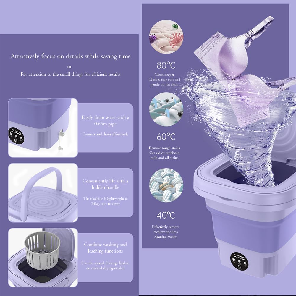 Portable Washing Machine-Mini Washing Machine Foldable-Portable Washer Machine-WATERPROOF Laundry Bag -8L Capacity for Clothes, Socks-Perfect for Travel-Apartments, Dorms-Mini Washing Machine-(Purple)