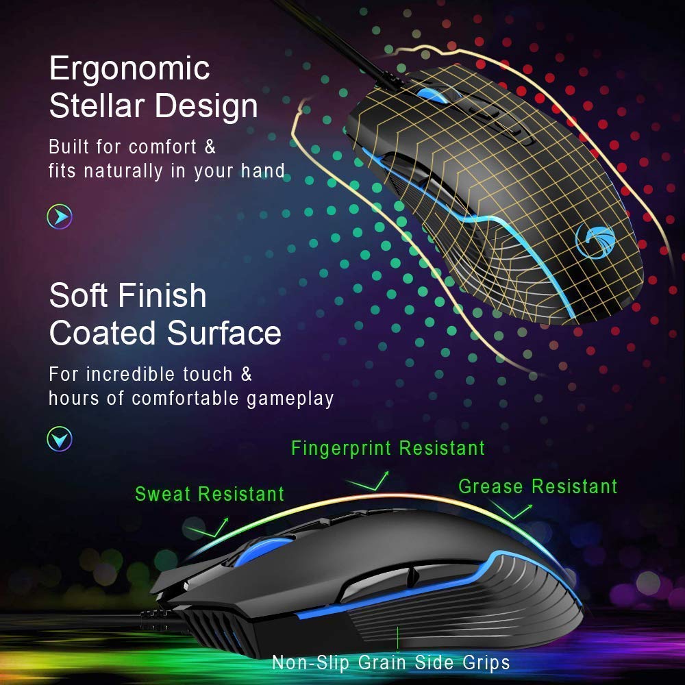 NPET Gaming Keyboard and Mouse Bundle, Backlit Wired Ergonomic Keyboard, LED Lighting Mouse with 7200 DPI for Windows Computer Gamers