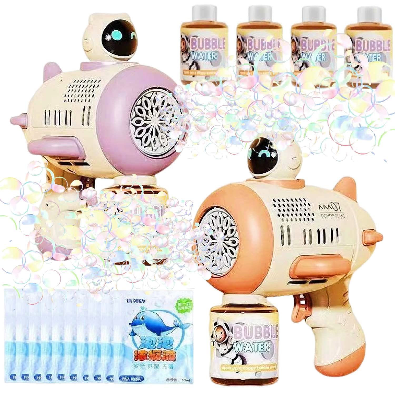 UOOZII Bubble Machine 2pcs/Pack Bubble Guns for Toddlers & Kids - 12 Hole Outlet Automatic Bubble Maker with LED Lights - 4 Bottle + 10 Pack Solution - Outdoor Birthday & Party Toys (Purple & Orange)