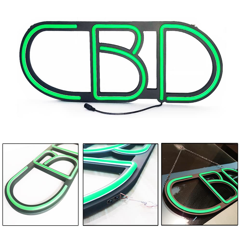 LED Neon Open Sign 21 x 8 inches CBD Light Signs, Super Bright Silicone Flex Neon Black Backer with Green Letters for Store (5521cbd)