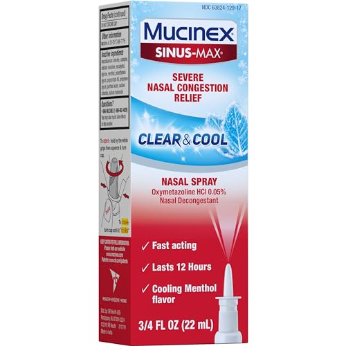 Mucinex Sinus-Max Nasal Spray Decongestant, 12 Hour Over-The-Counter Medication Nose Spray for Sinus Relief, Nasal Decongestants For Adults & Sinus Congestion, Cooling Menthol, 0.75 Fl Oz (Pack of 3)