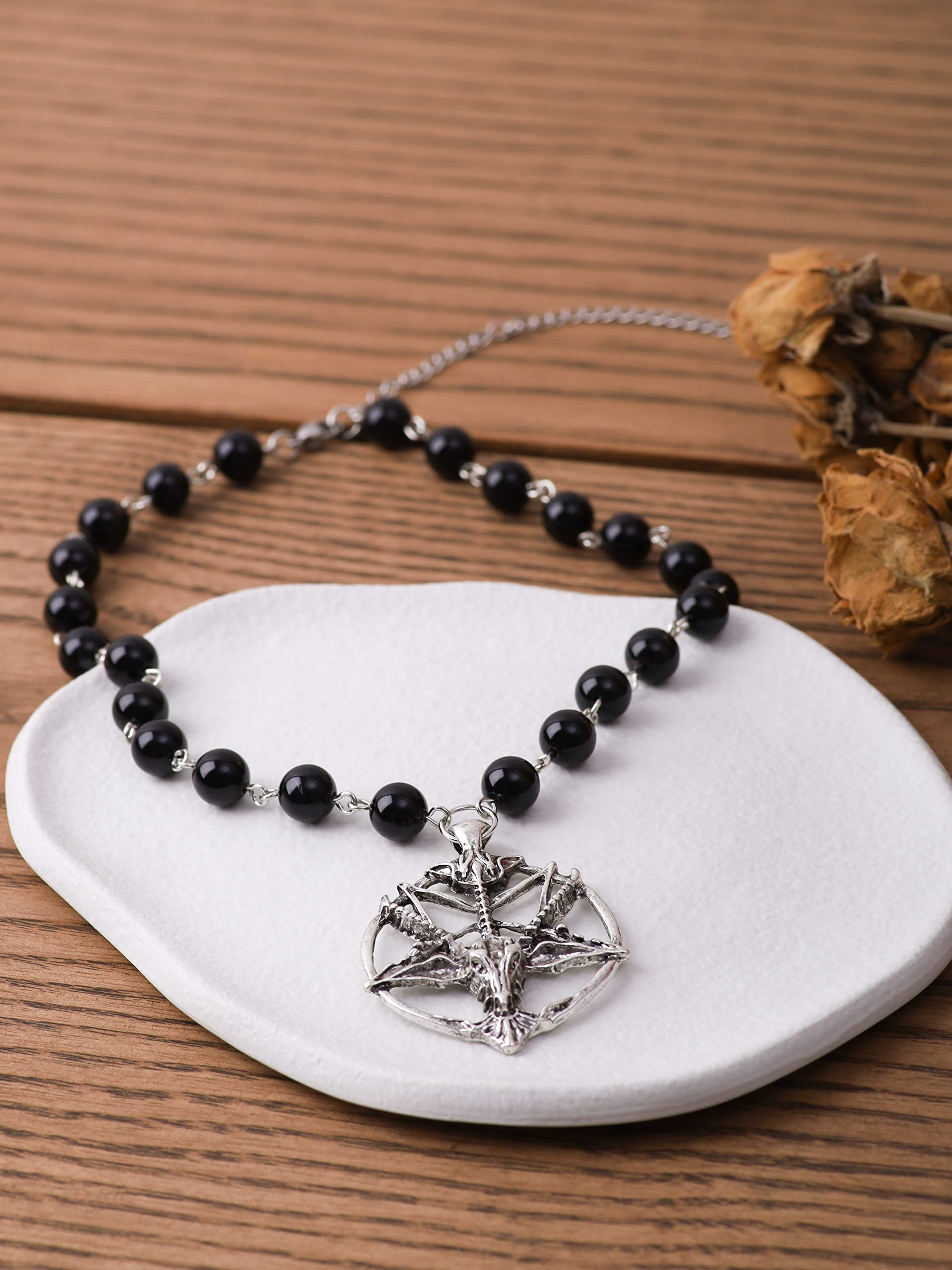 Sacina Goth Baphomet Choker Necklace, Black Bead Pentagram Skull Choker Necklace, Goth Halloween Jewelry Gift for Women, Men