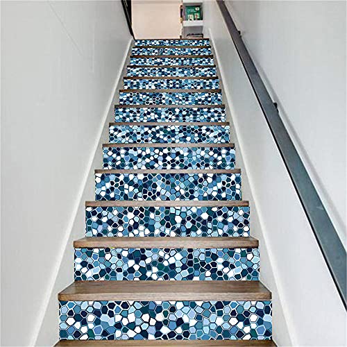 Master_GGG Stickers 3D Innovative DIY Blue Mosaic Decorative Adhesive Stair Stickers - Waterproof Stair Riser Decals - Peel and Stick Stair Stickers Decoration 13pcs/set 18cm X 100cm