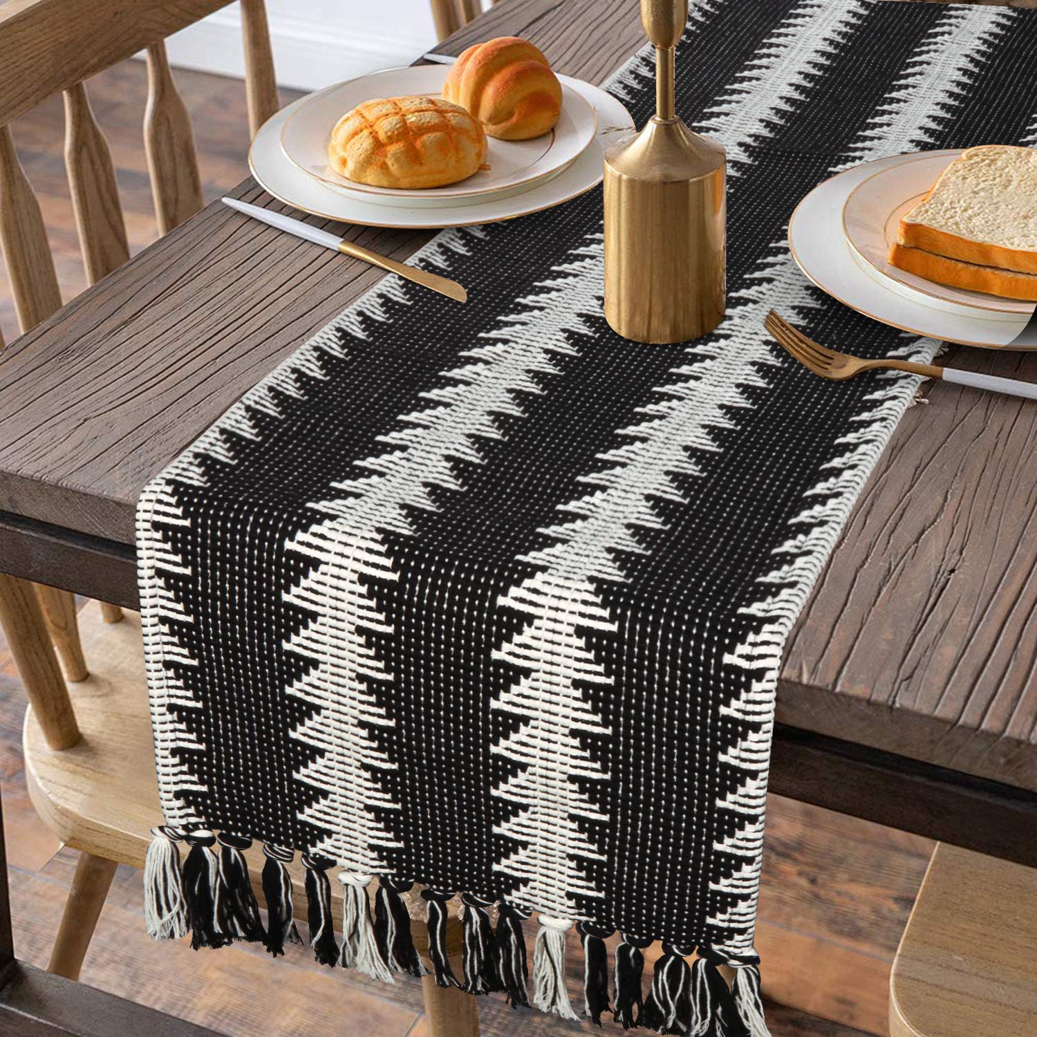 Moroccan Fringe Table Runner 14 in x 87 in, KIMODE Farmhouse Bohemian Geometric Black and White Cotton Handmade Woven Tassels Christmas Dinning Table Linen Machine Washable Home Decorative, Cedar
