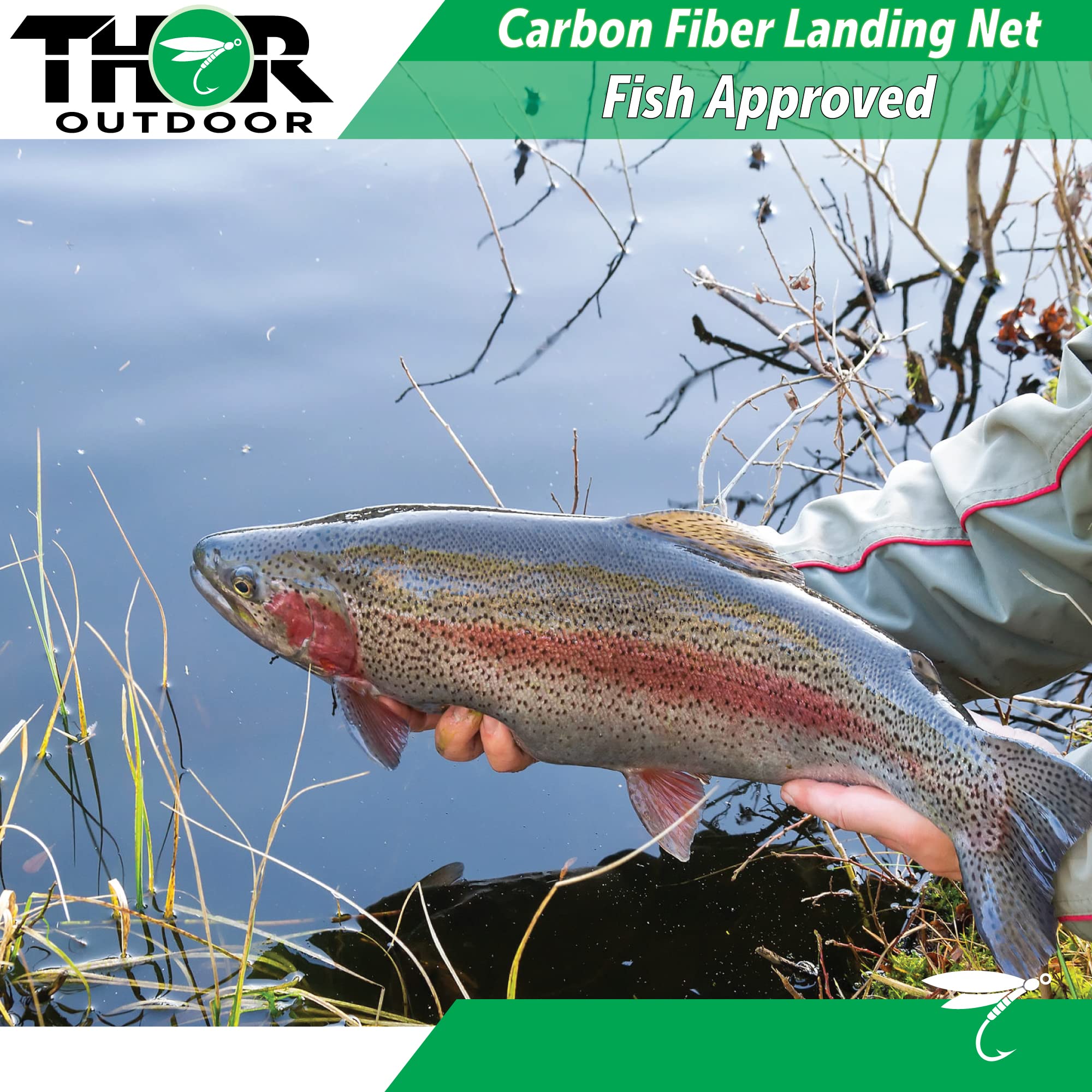 Thor Outdoor Carbon Fiber Fly Fishing Landing Net - Beautifully Made - Ultralight - Catch and Release Net with Soft Rubber Tangle Free Mesh (26 Inch)