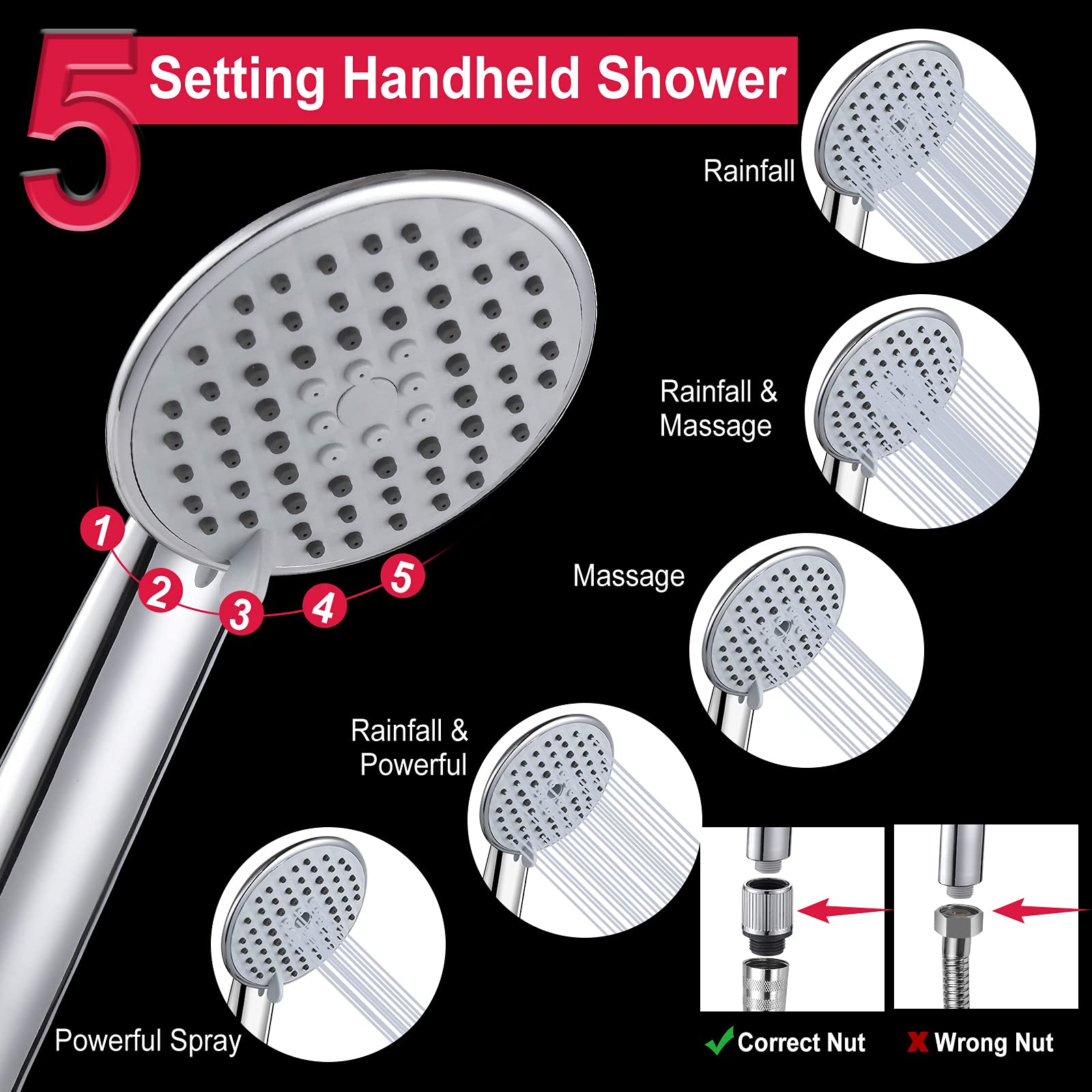 Shower Head, NERDON 12'' High Pressure Rainfall Shower Head Handheld Combo 5 Settings with 15'' Brass Height/Angle Adjustable Extension Arm 60" Hose, Stainless Steel Bath Rain Showerhead with 4 Hooks