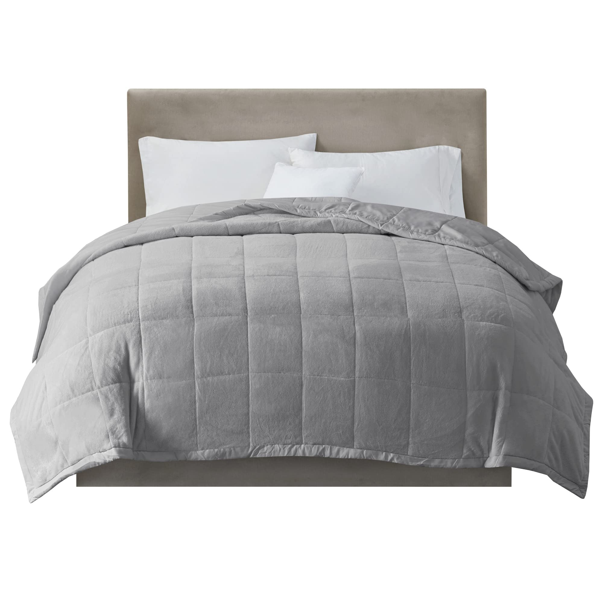 Madison Park Queen Cozy Blanket HeiQ Smart Temperature Plush to Microfiber Reverse Box Quilting, Reversible, Soft All Season, Lightweight Summer Cover, for Bed, Couch and Sofa, Full/Queen, Grey
